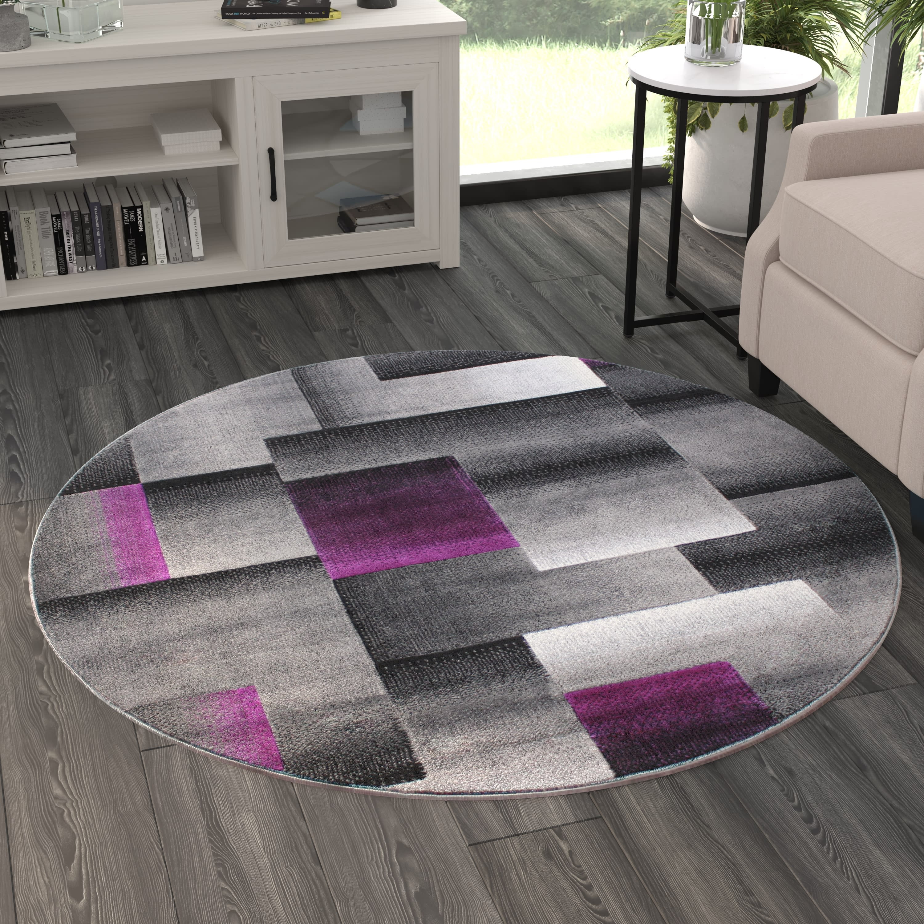 BizChair Modern Contemporary Round Area Rug, Purple Grey Black (5 Feet ...
