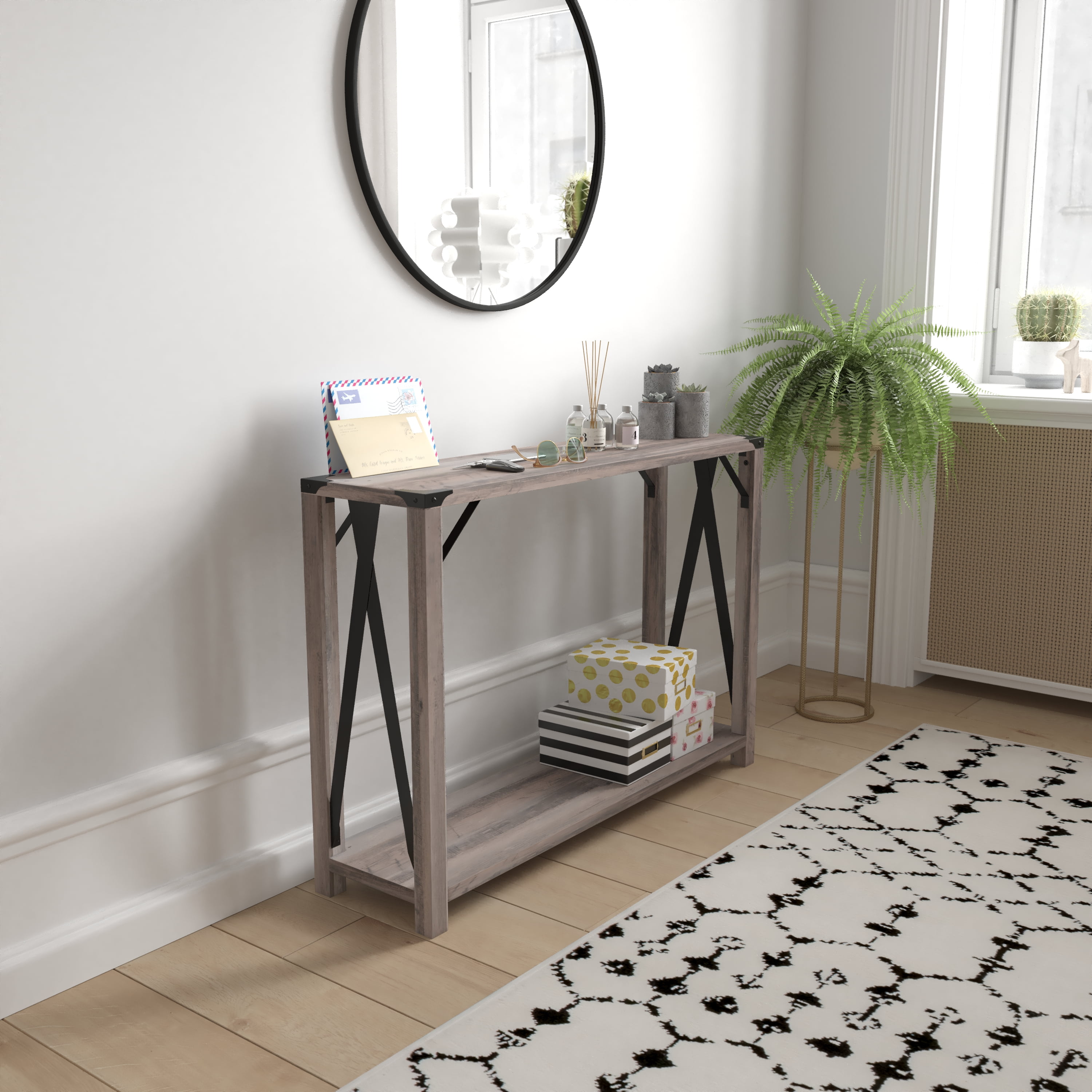 BizChair Modern Farmhouse Wooden 2 Tier Console Entry Table with Black ...