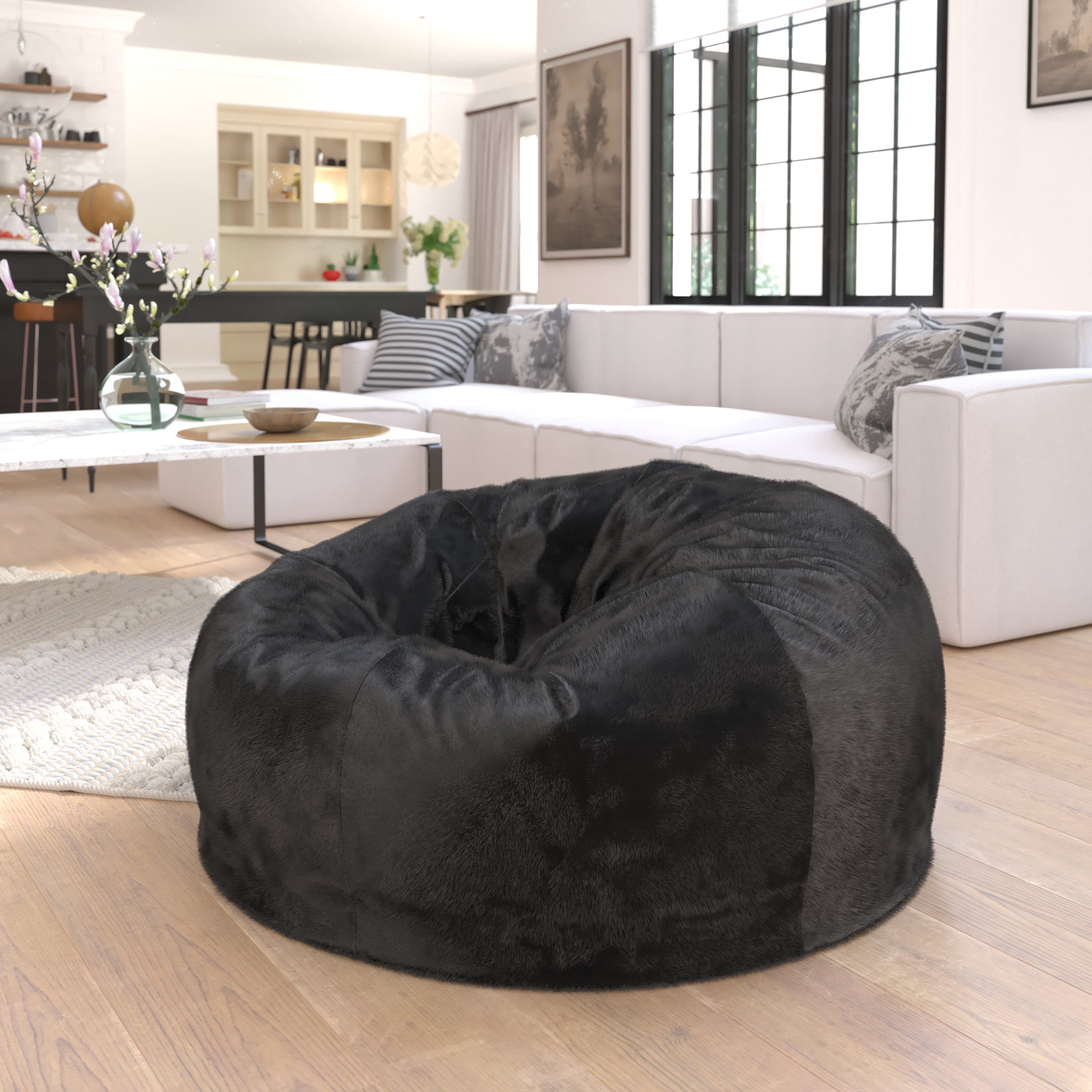 BizChair Oversized Black Furry Refillable Bean Bag Chair for All Ages ...