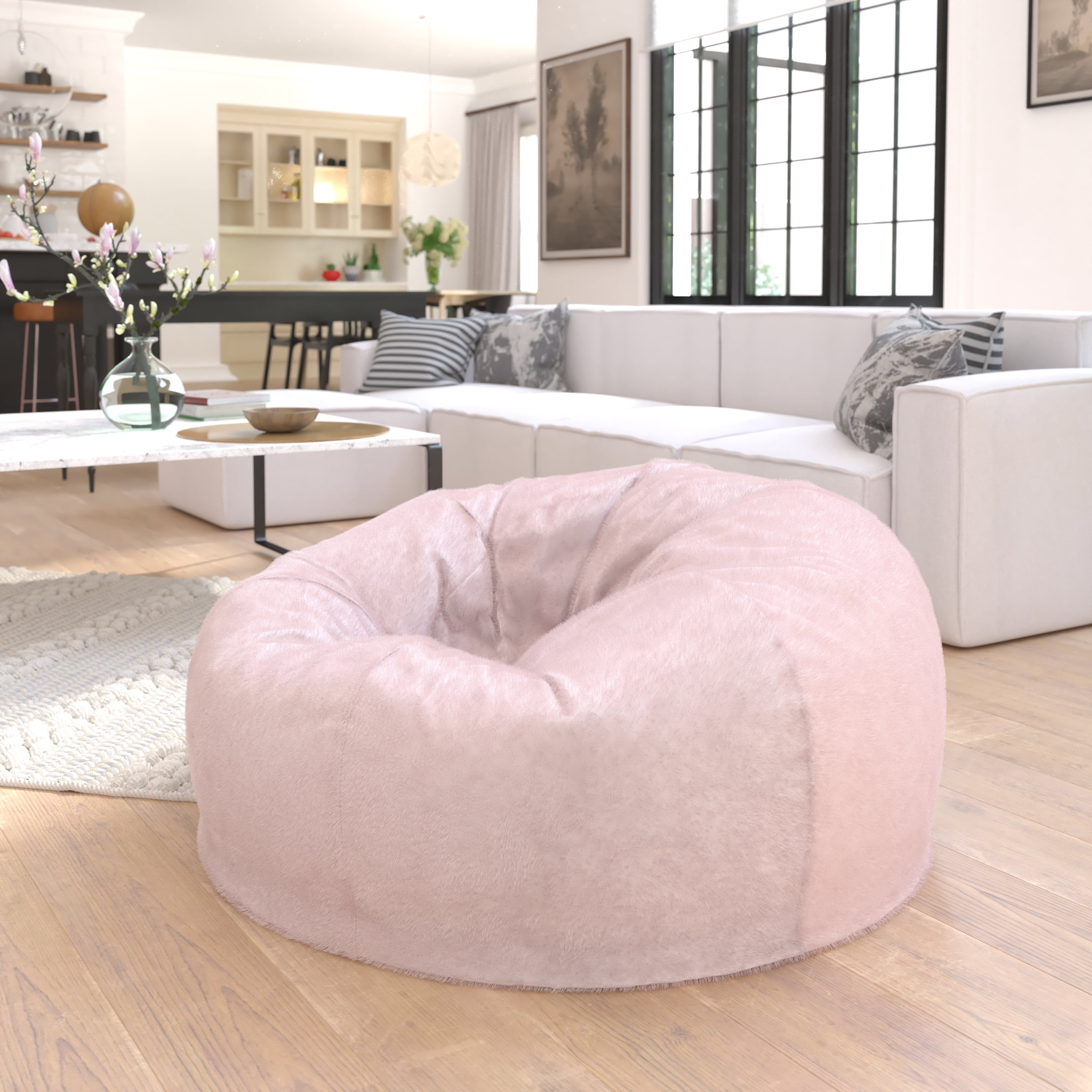 BizChair Oversized Blush Furry Refillable Bean Bag Chair for All Ages ...