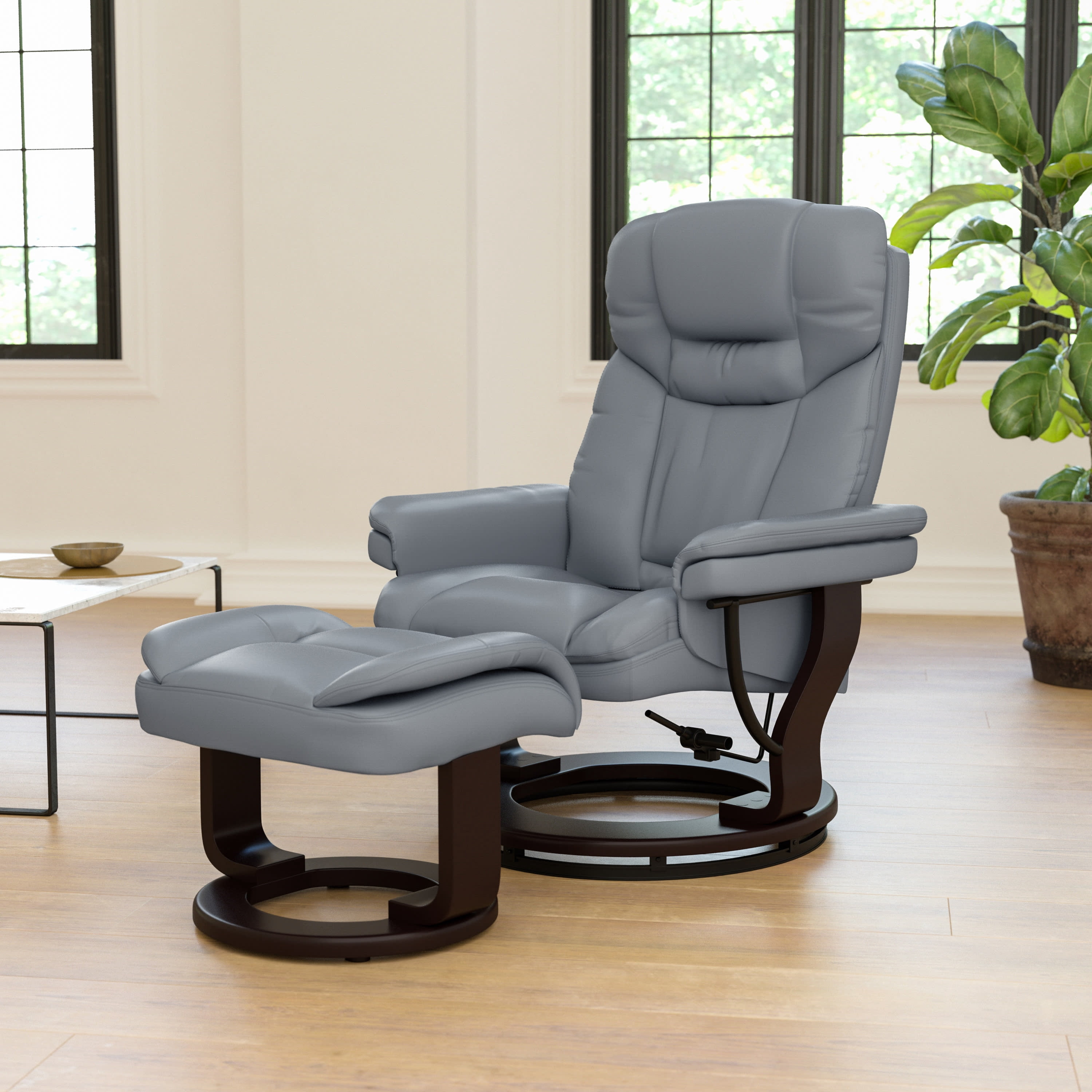 BizChair Recliner Chair, Gray LeatherSoft Swivel Armchair with Ottoman ...