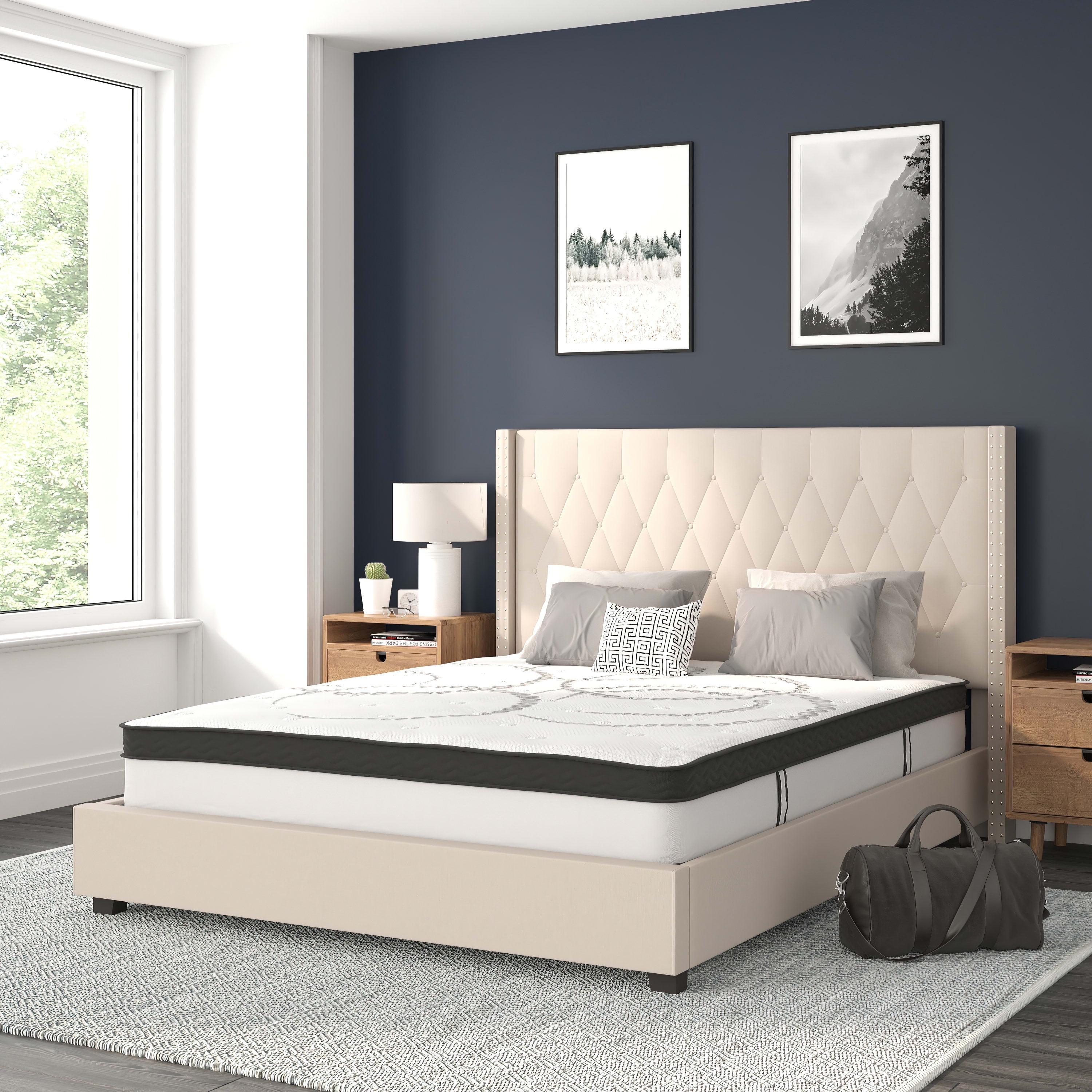 BizChair Riverdale Queen Size Tufted Upholstered Platform Bed in Beige ...