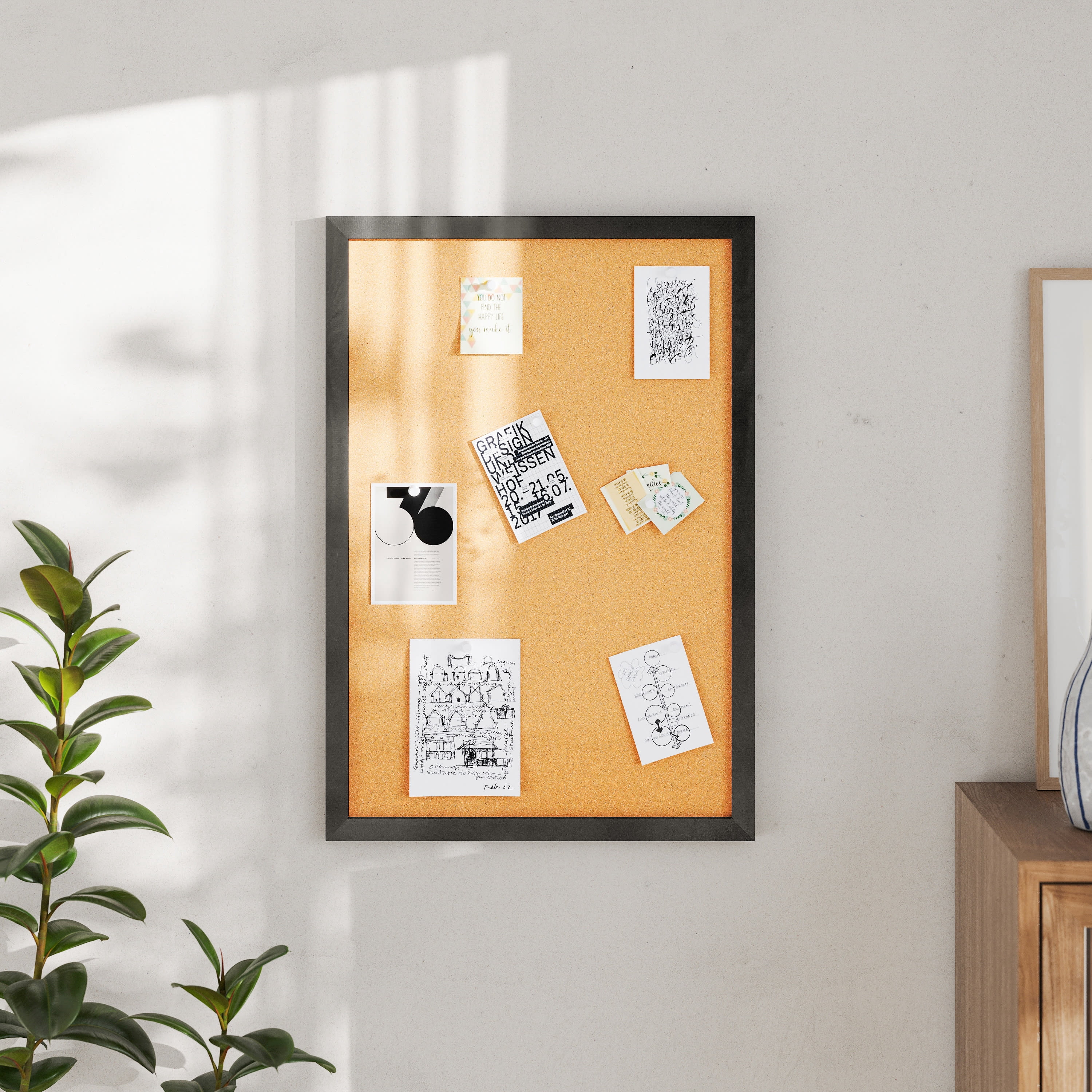 BizChair Rustic 20" x 30" Wall Mount Cork Board with Wooden Push Pins ...