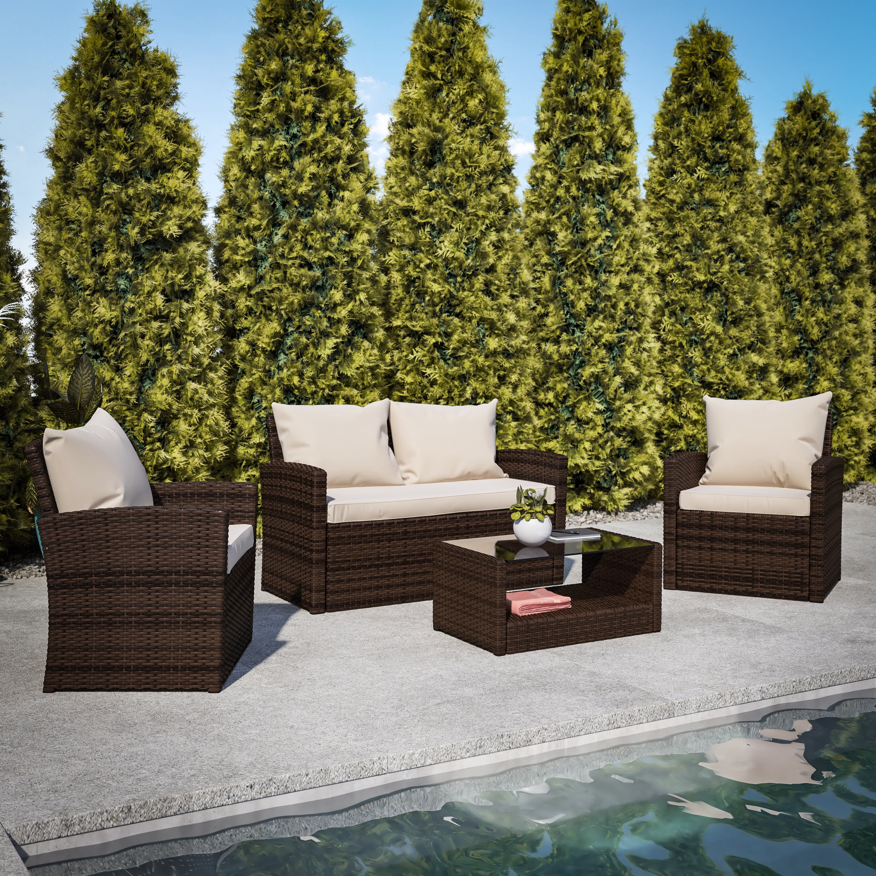 BizChair Series 4 Piece Brown Patio Set with Beige Back Pillows and ...