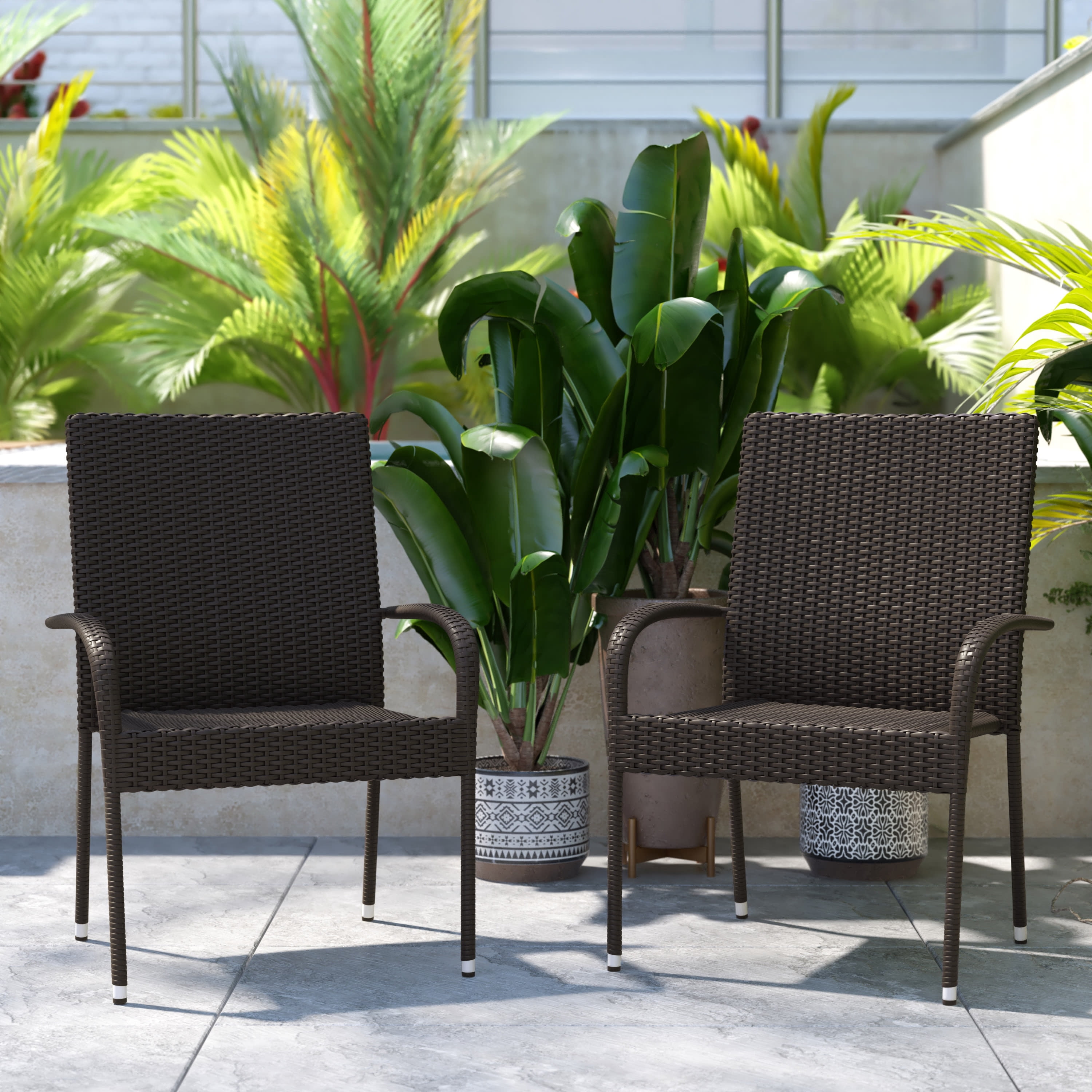 BizChair Set of 2 Stackable Indoor/Outdoor Wicker Dining Chairs with ...