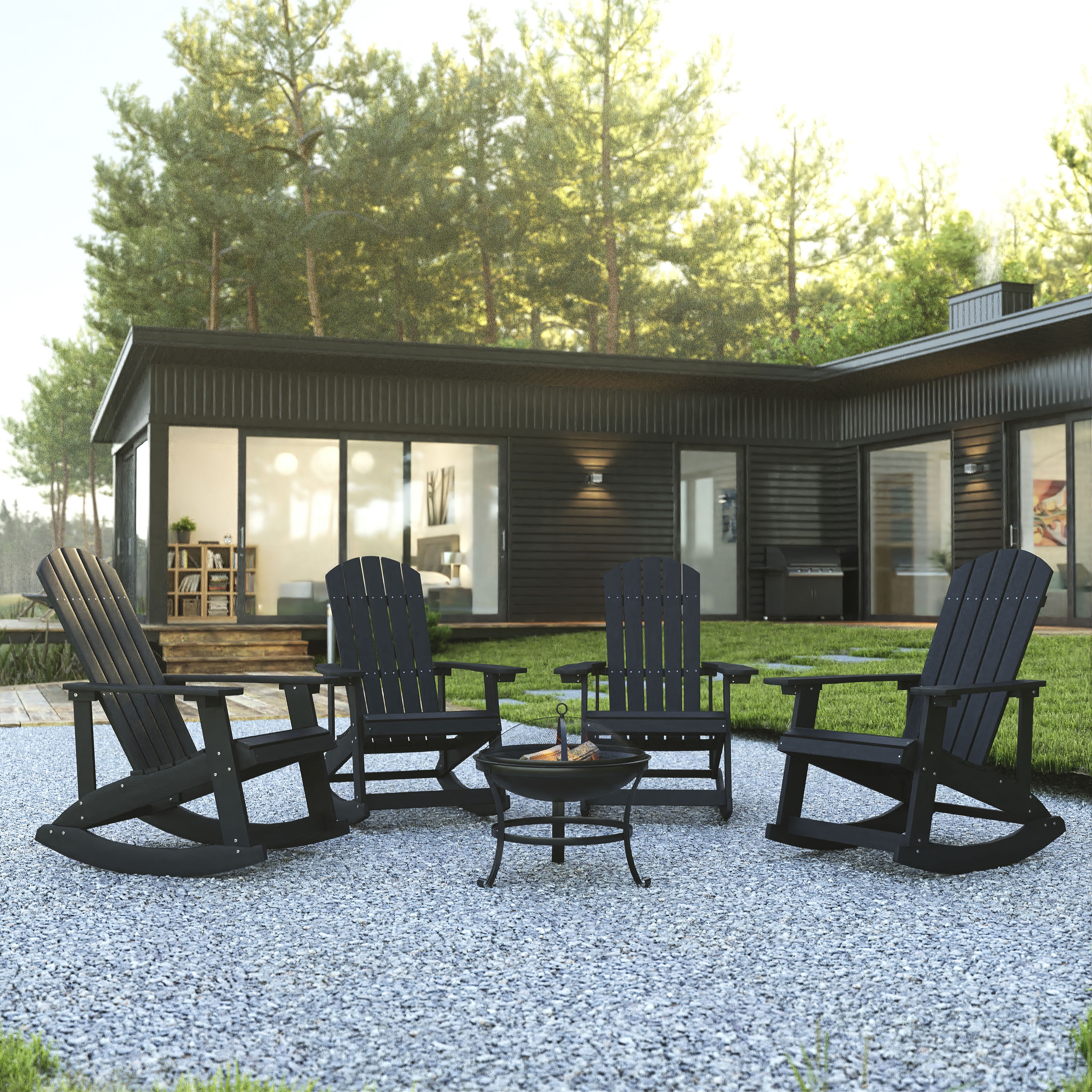 BizChair Set of 4 Black Commercial Grade All-Weather Poly Resin Wood ...