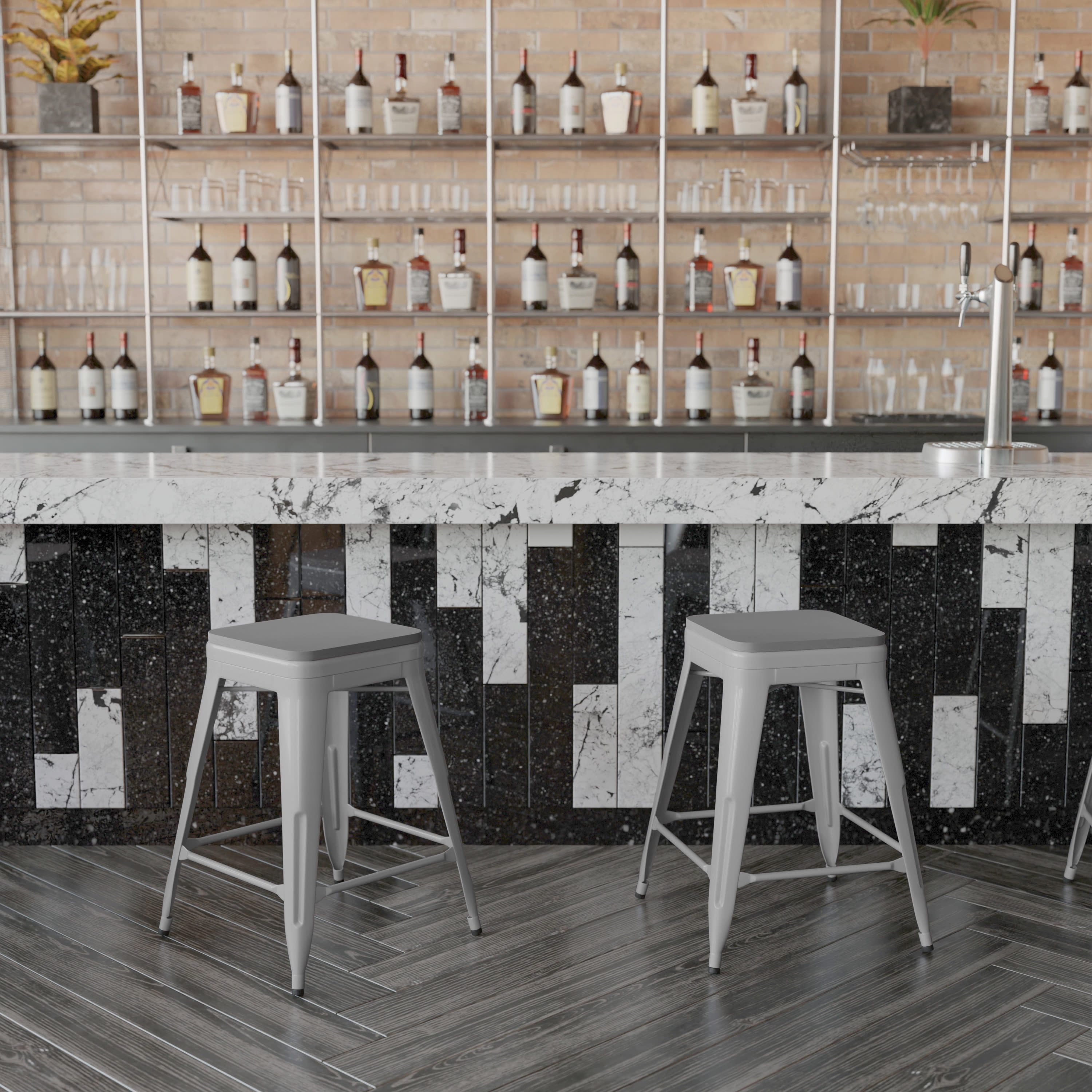 BizChair Set of 4 Commercial Grade 24" High Backless Silver Metal ...