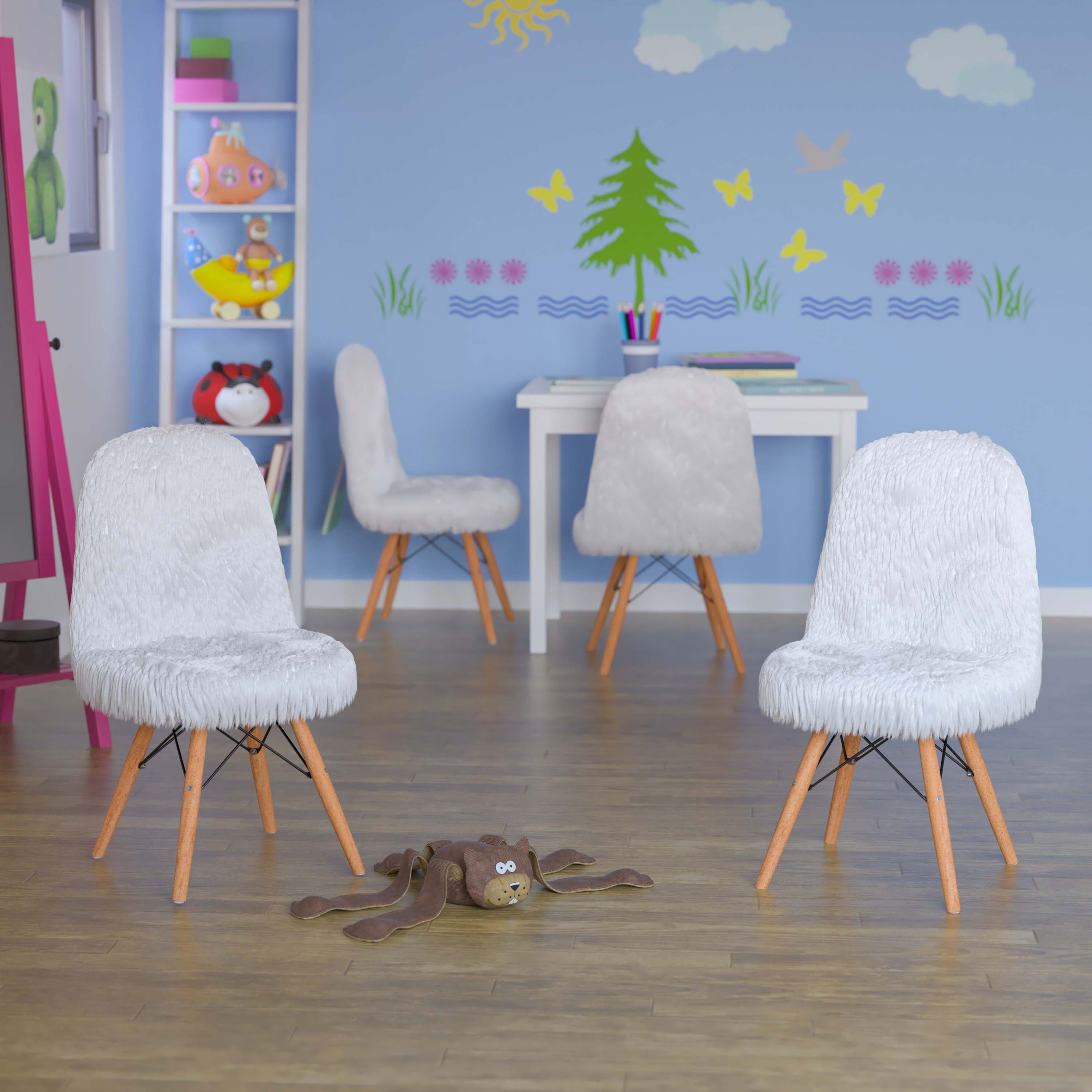 BizChair Set of 4 Shaggy Faux Fur White Accent Chairs - Shag Style Kids ...