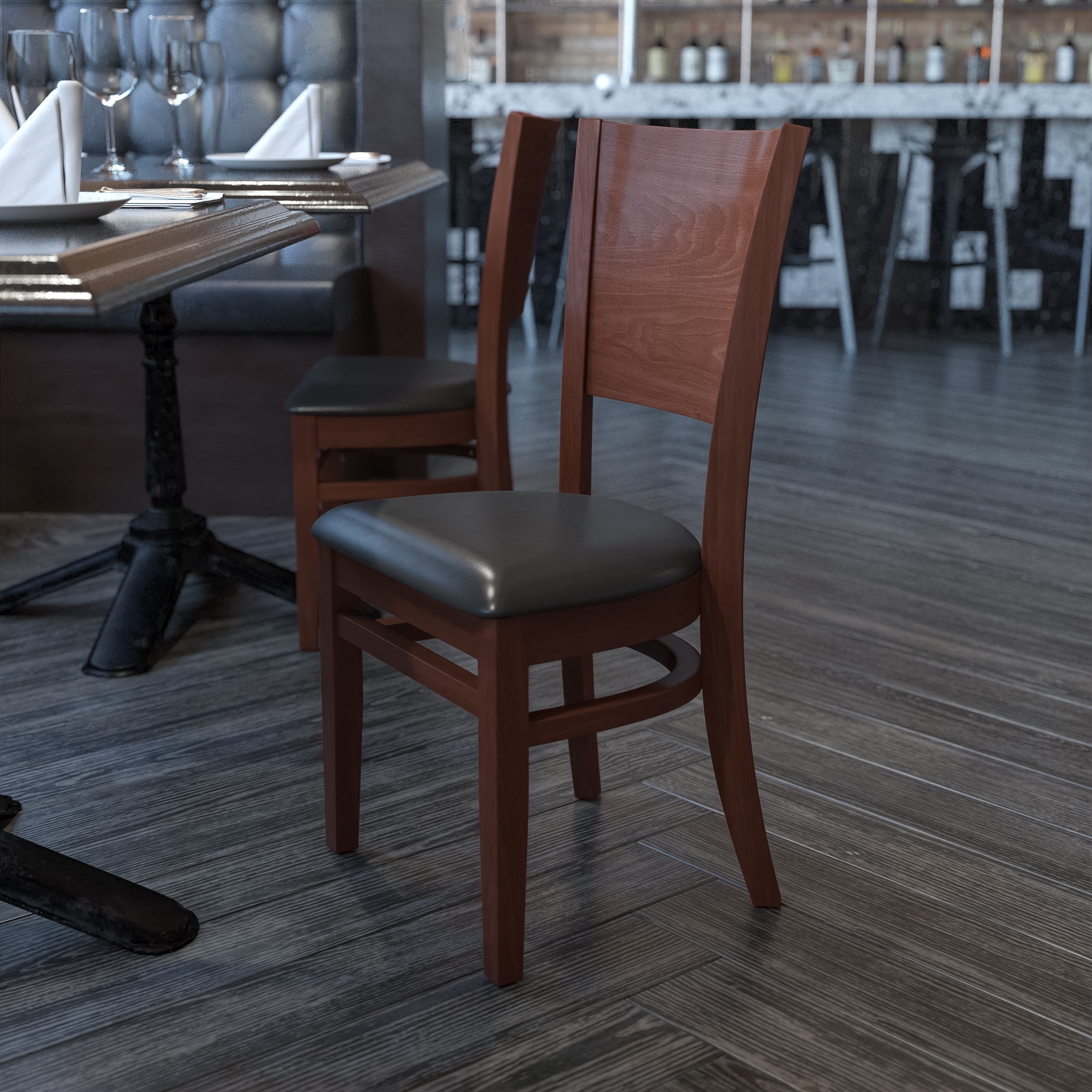 BizChair Solid Back Walnut Wood Restaurant Chair - Black Vinyl Seat ...
