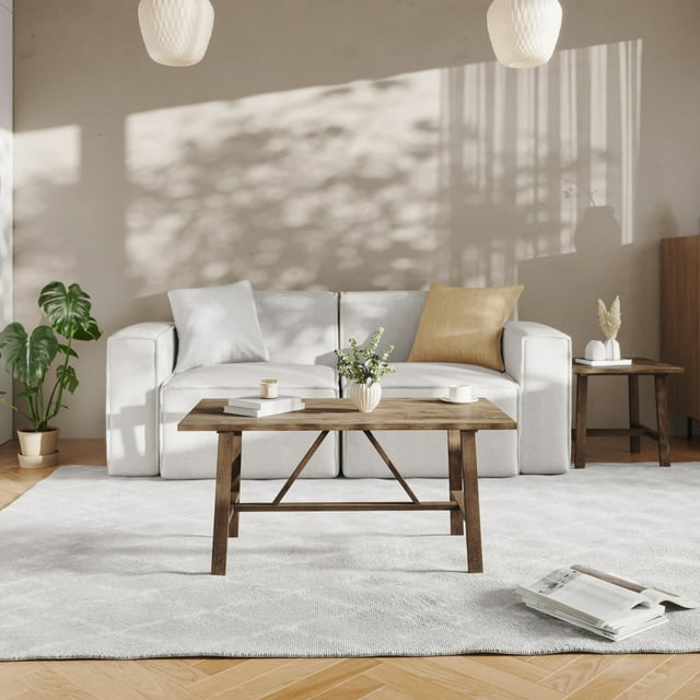 BizChair Solid Wood Farmhouse Coffee Table, Trestle Style Accent Table ...