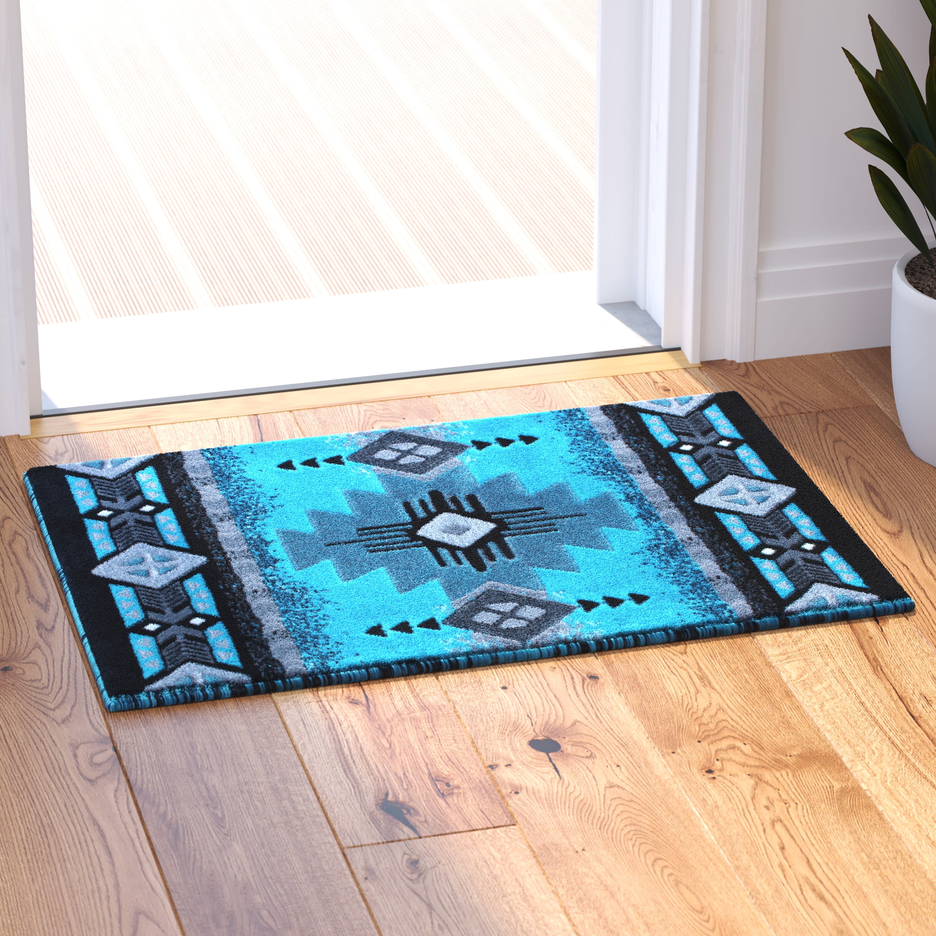 BizChair Southwest Native Design Turquoise Area Rug (24 Inch X 40 Inch ...