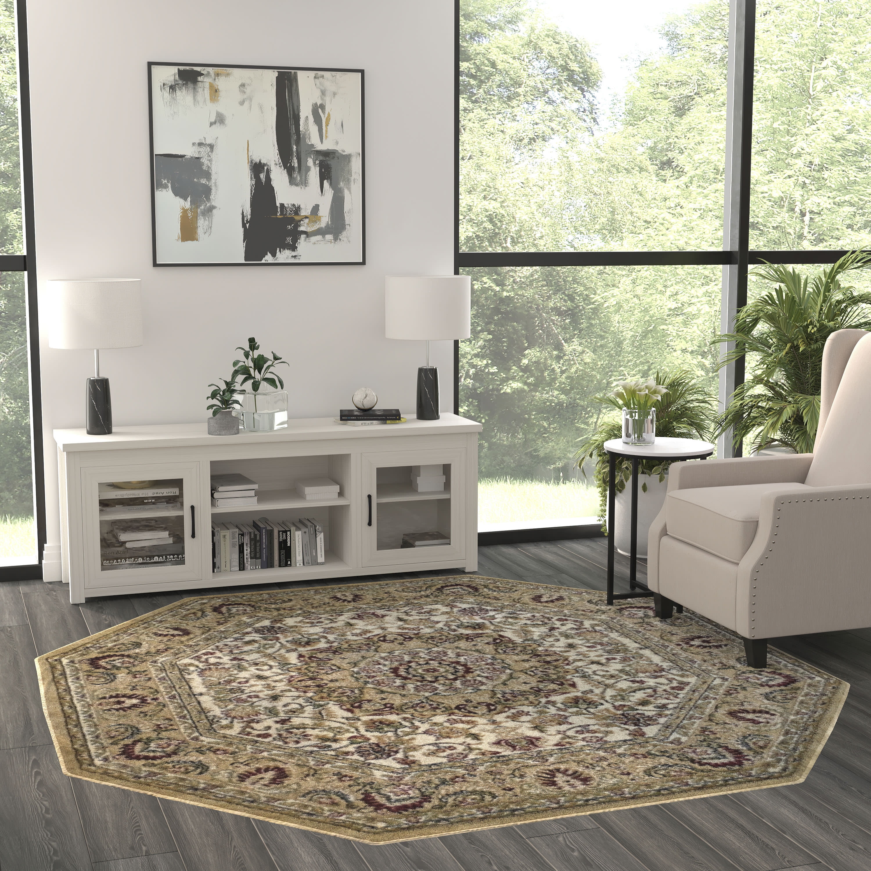 BizChair Traditional Octagon Area Rug Design Bellagio 401 Ivory (7 Feet ...