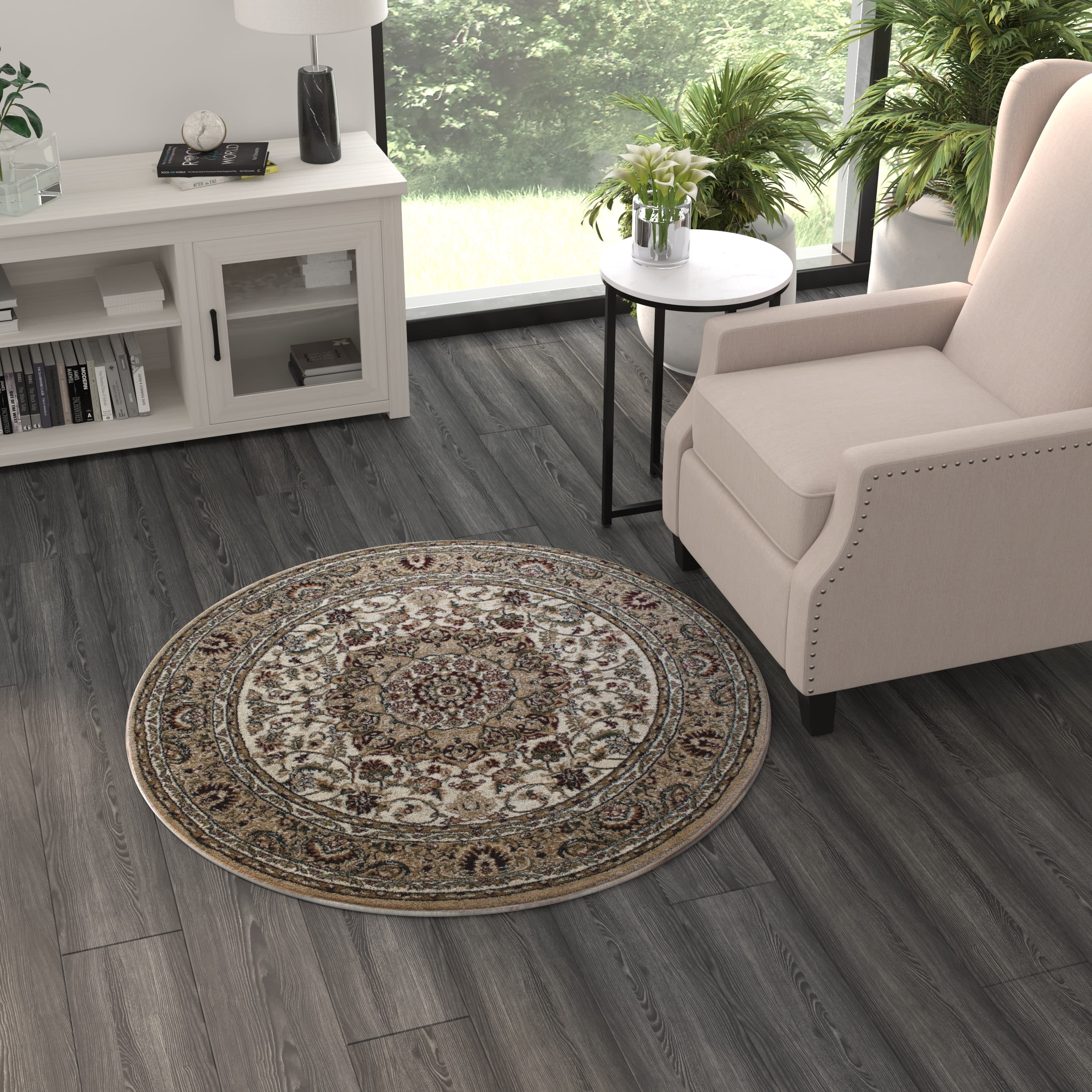 BizChair Traditional Round Area Rug Ivory Design 401 Bellagio (4 Feet X ...