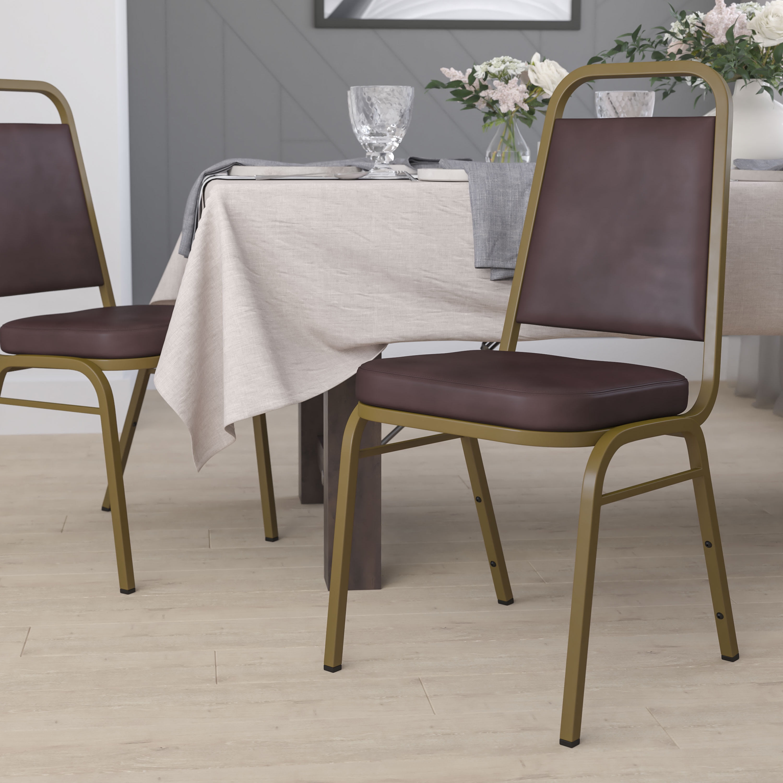 BizChair Trapezoidal Back Stacking Banquet Chair in Brown Vinyl - Gold ...