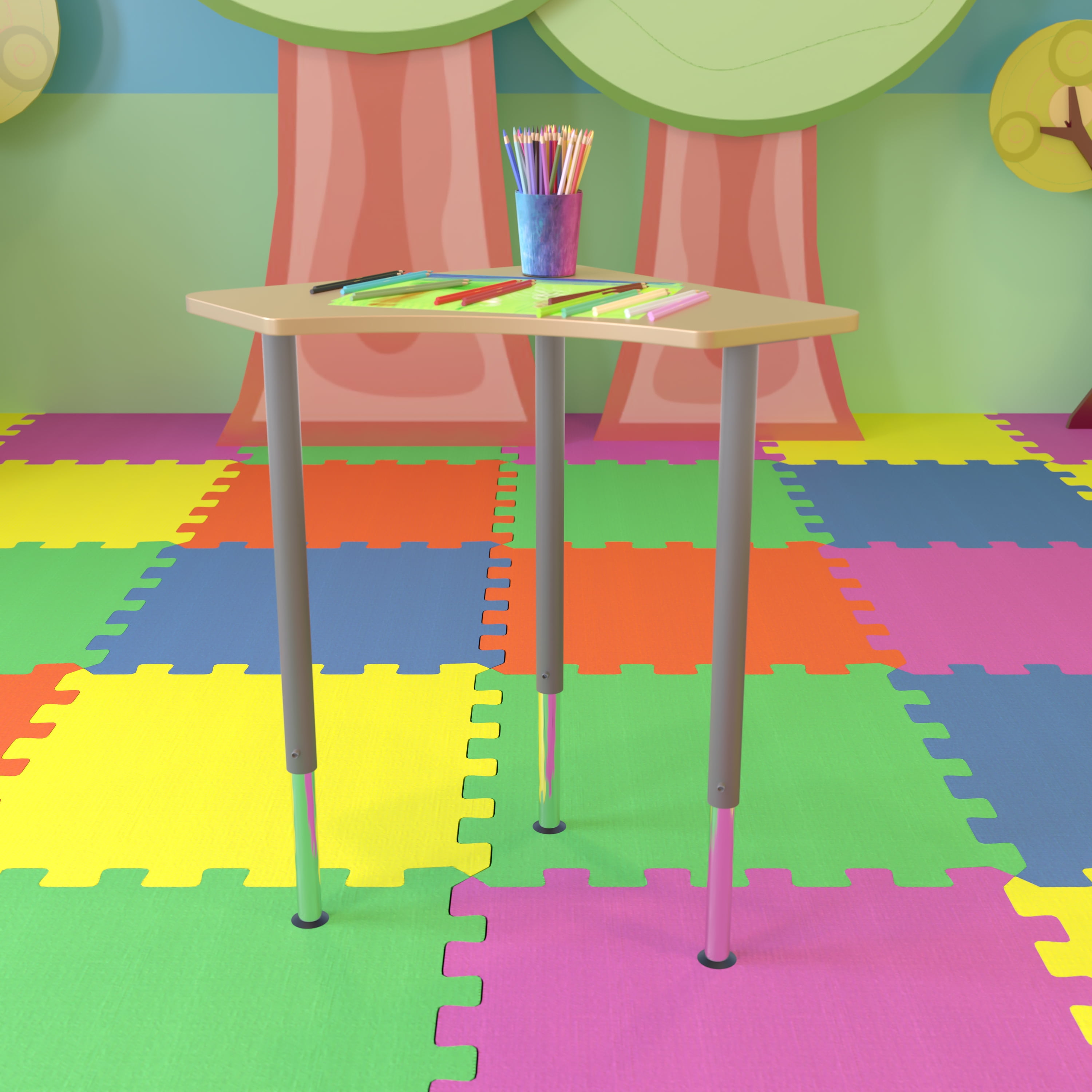 BizChair Triangular Natural Collaborative Student Desk (Adjustable from ...