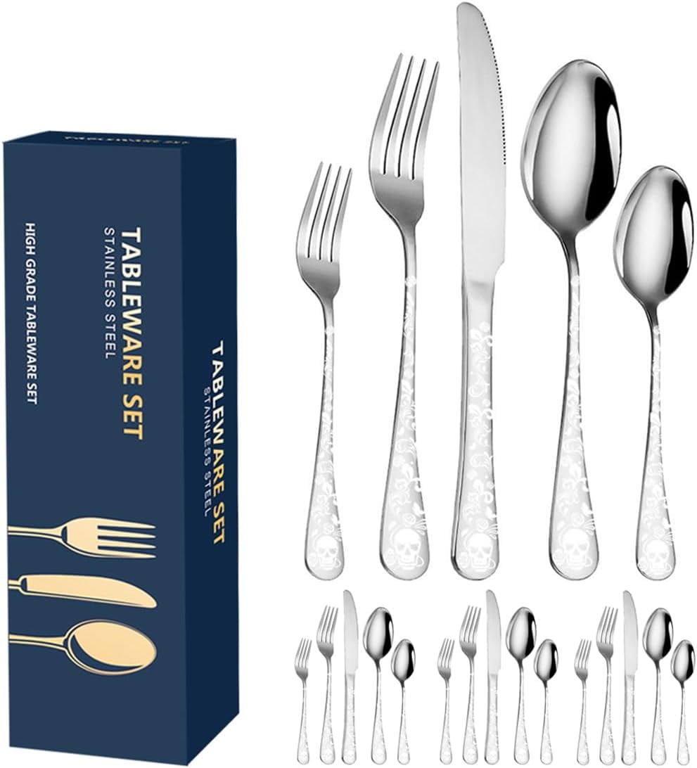 Bizarre 20-Piece Flatware Set, Gothic Skull Silverware for 4, Skeleton ...