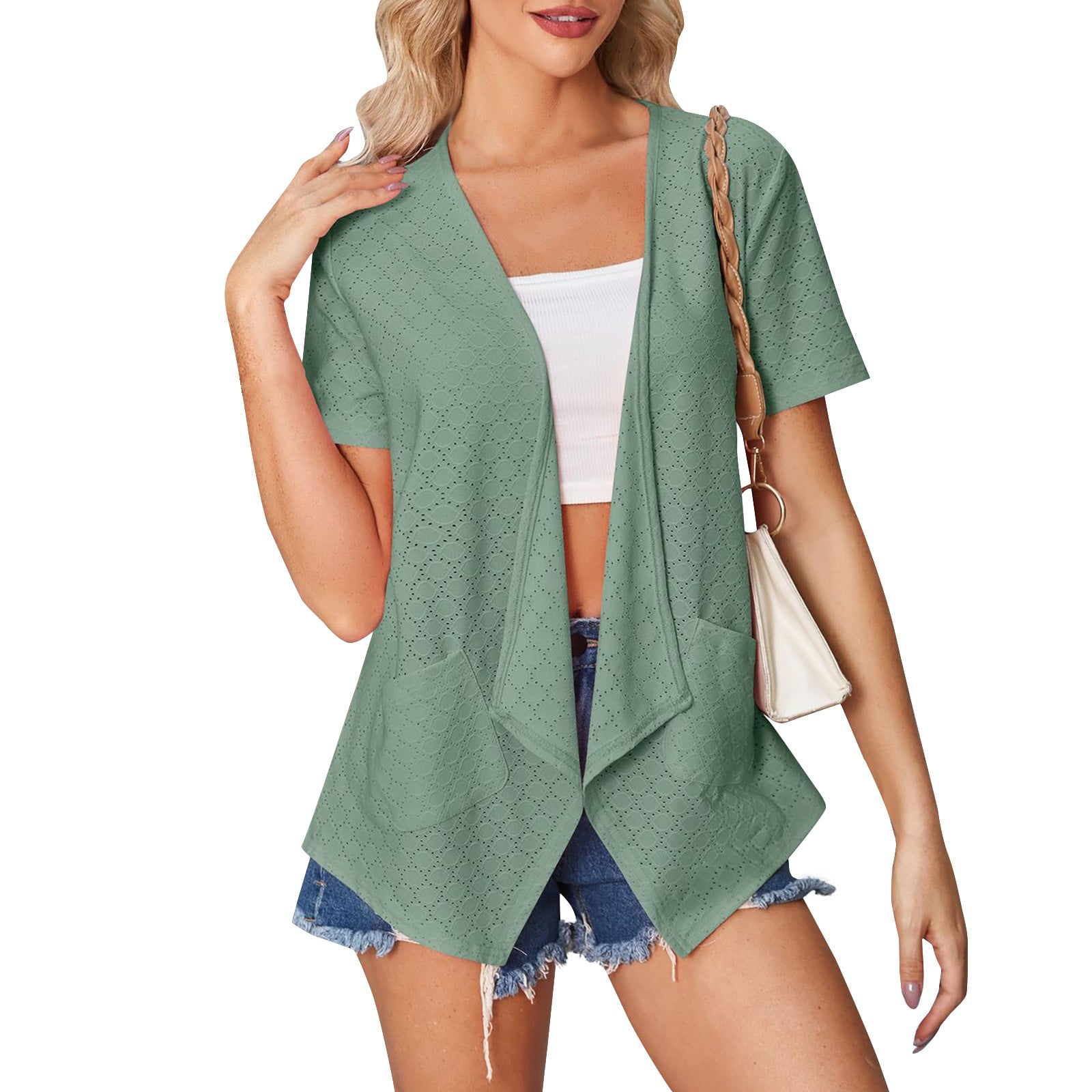 Biziza 2024 Women's Basic Short Sleeve Shrugs Lightweight Open Front ...