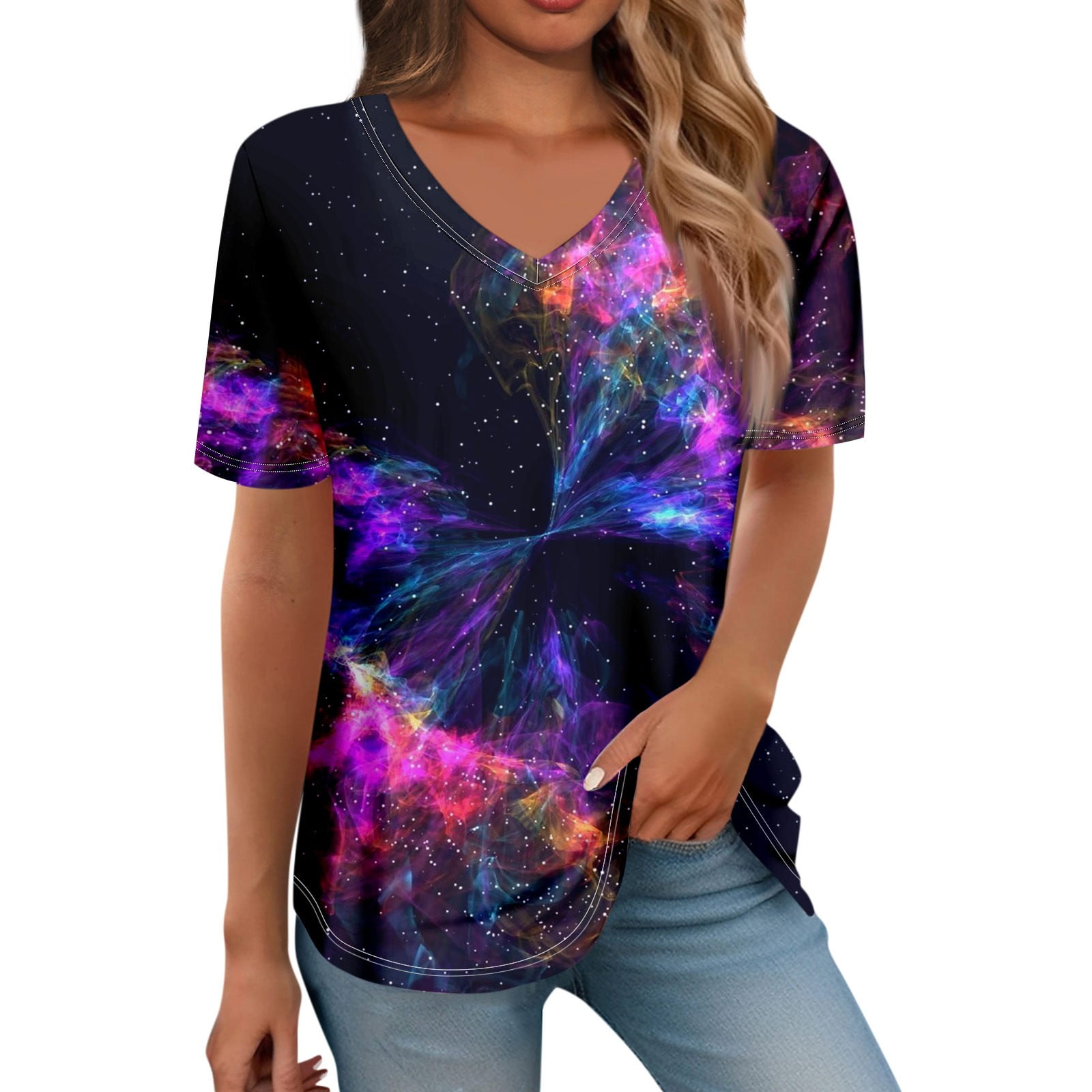 Biziza 2024 Womens Space 3d Print T Shirts Short Sleeve V Neck Shirts