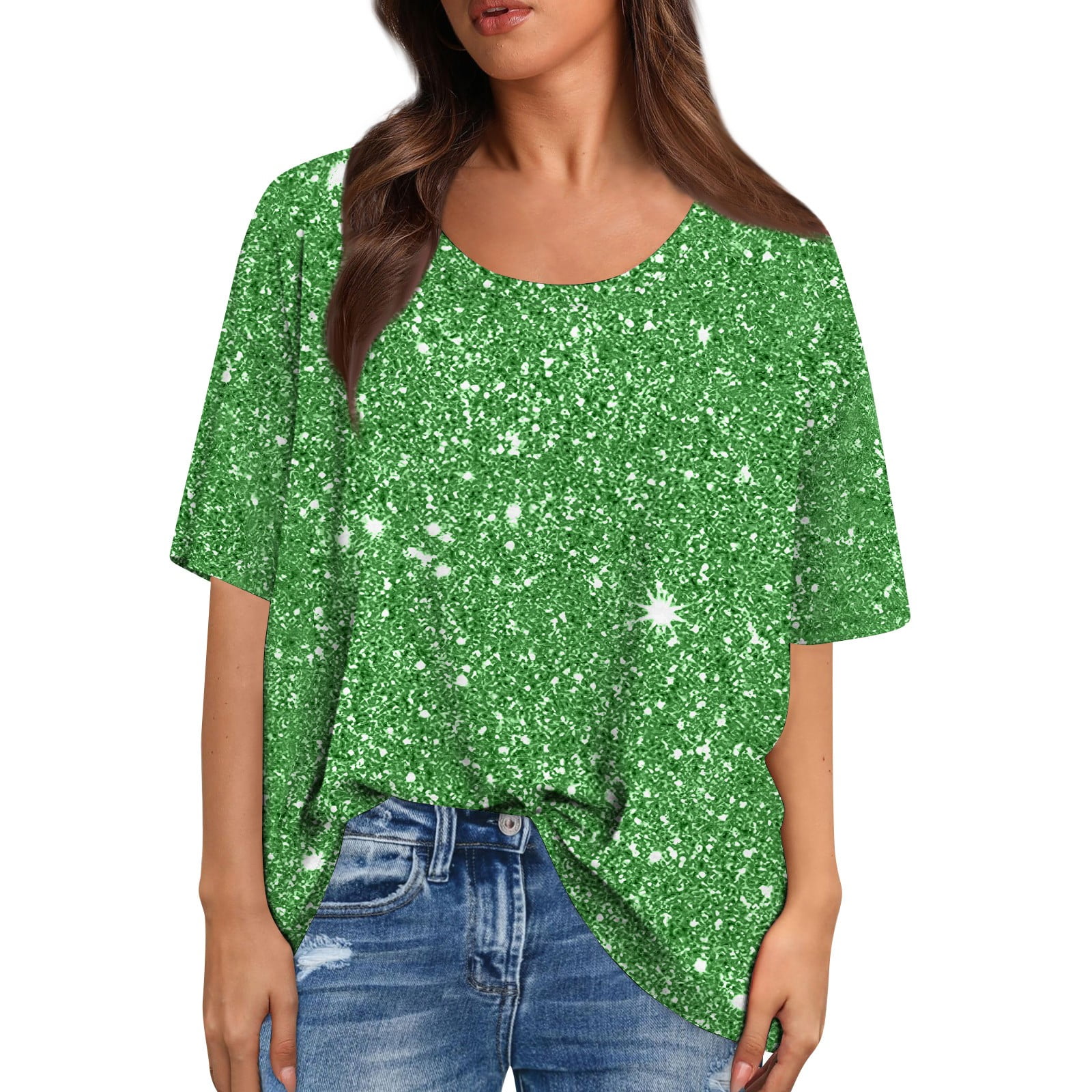 Biziza 2024 Womens Sparkle Metal Sequin T Shirts Short Sleeve Crewneck