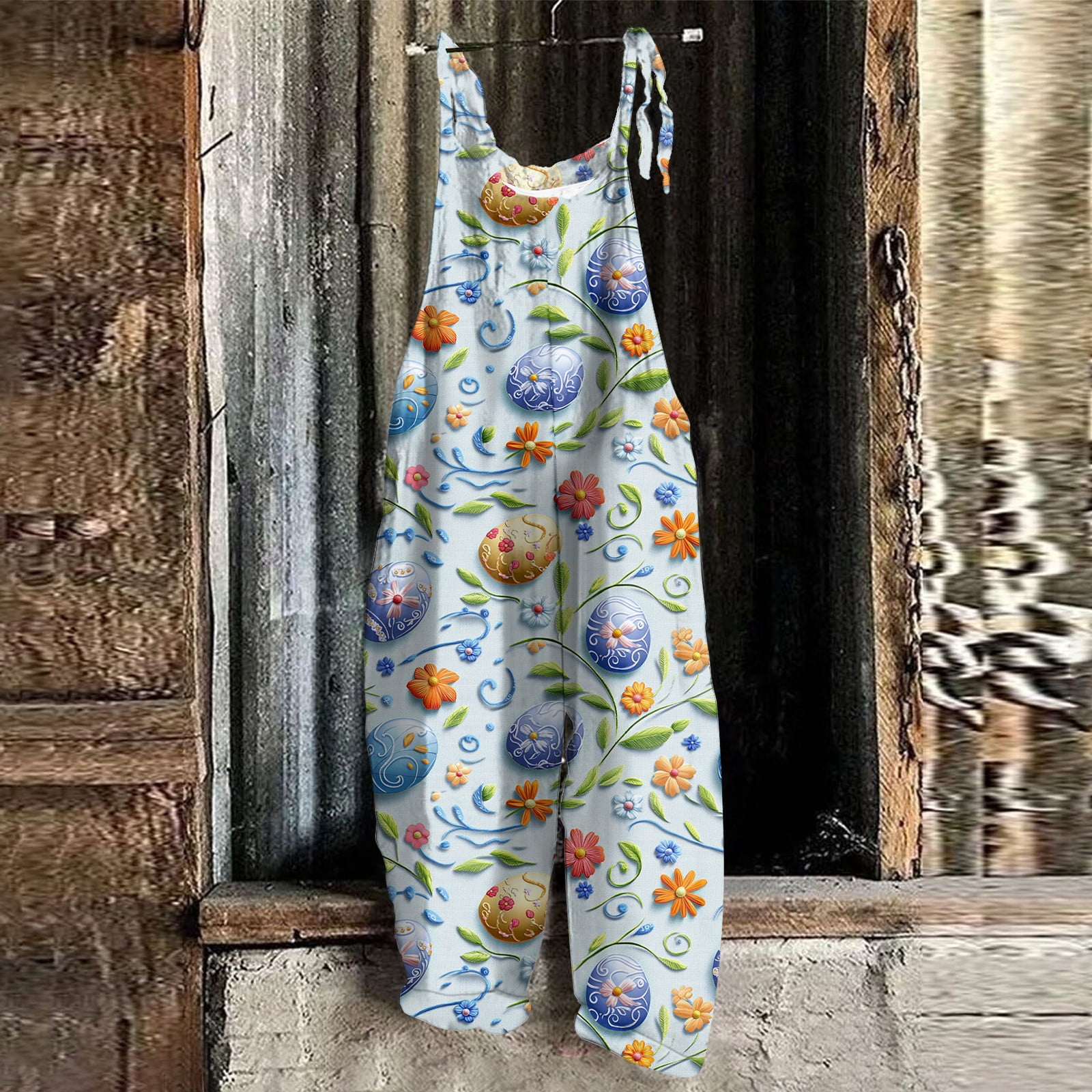 Biziza 2025 Easter Jumpsuits for Women Strappy Blue Loose Linen Bunny ...