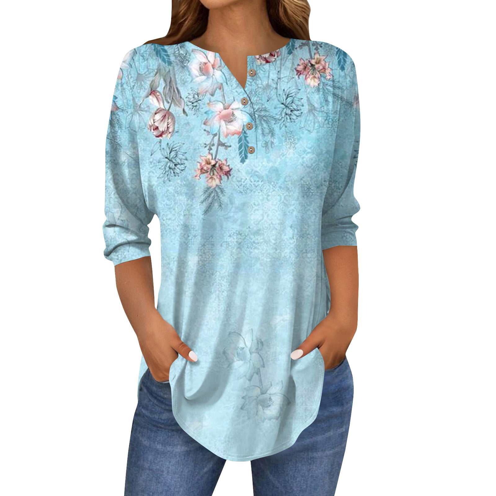 Biziza 2025 Blue Tunic Tops for Women Button Down Floral Fashion 3/4 ...
