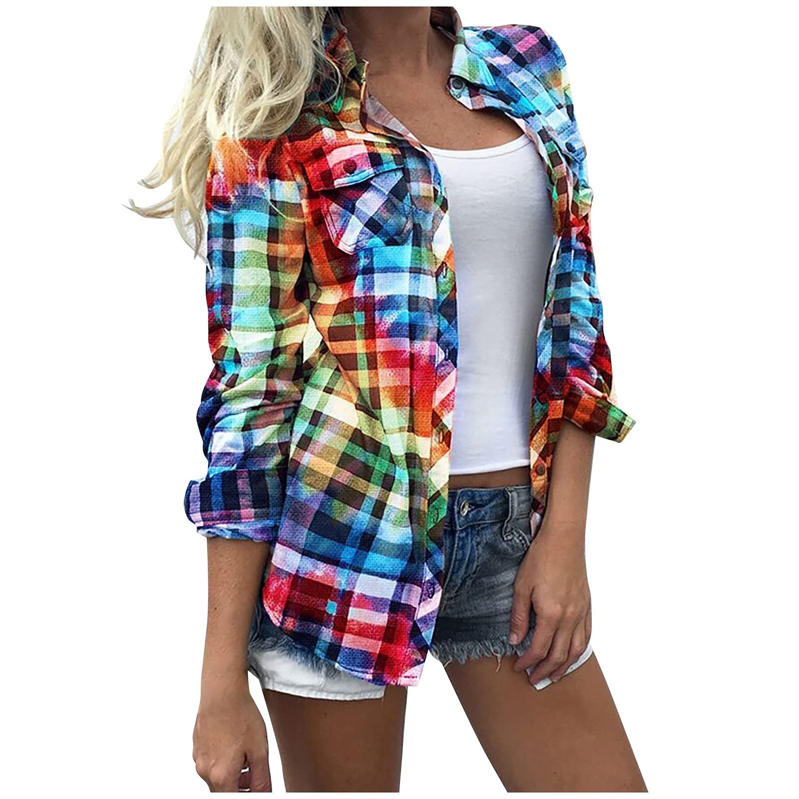 Biziza 2025 Button Down Shirts for Women Summer Multi-color Trendy Plaid Long Sleeve Fashion ...