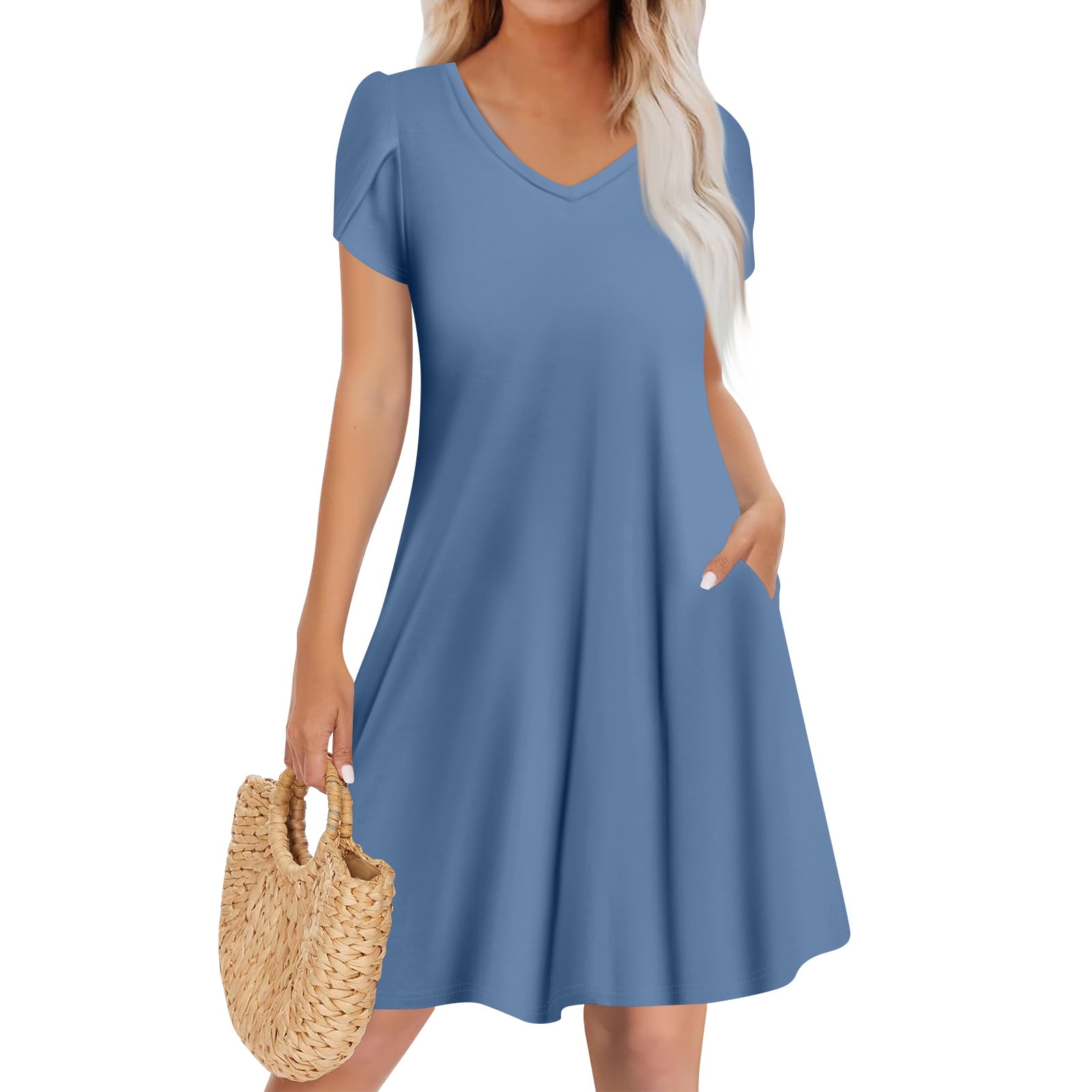 Biziza 2025 Casual Dresses Women Trendy Blue Summer Basic Short Sleeve ...