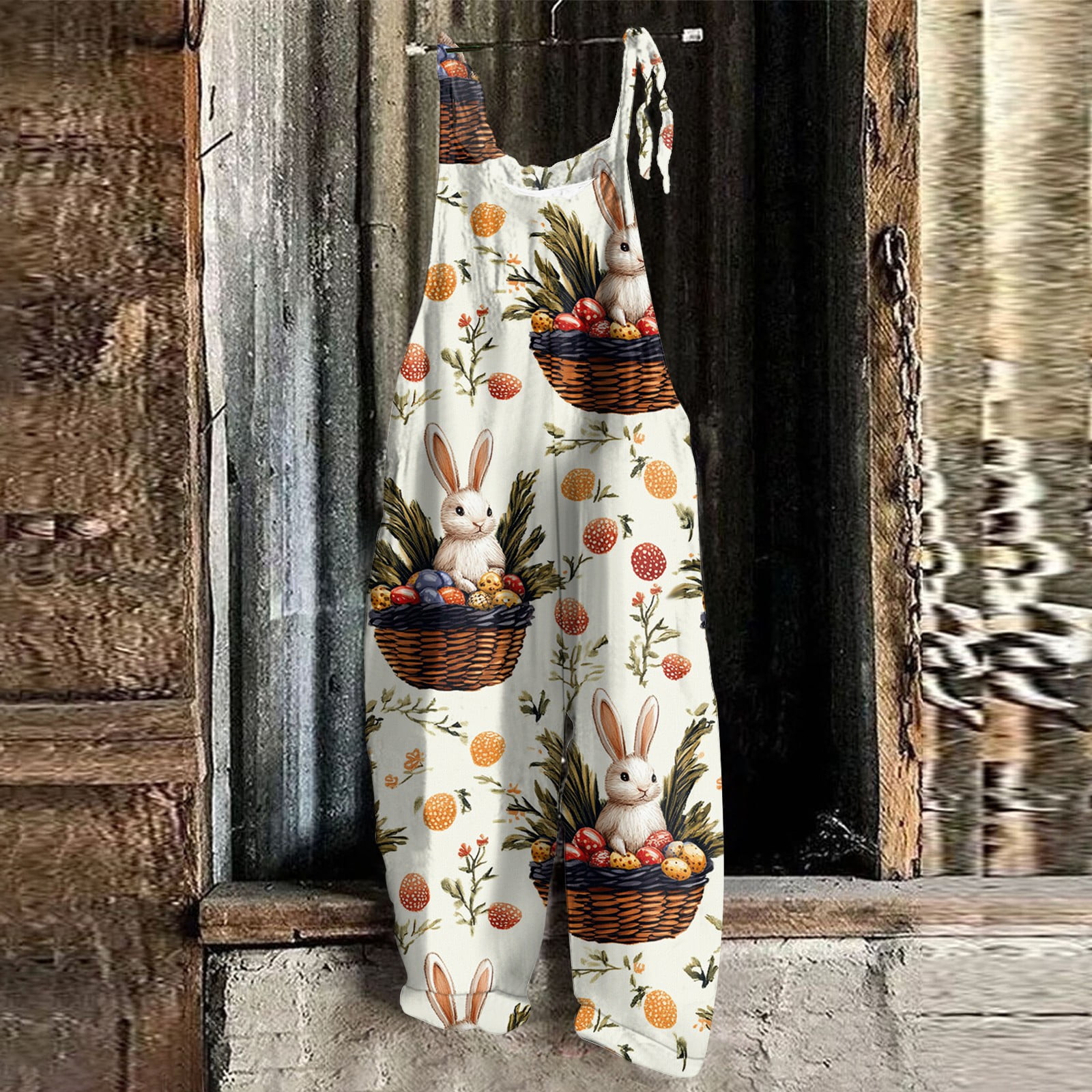 Biziza Easter 2025 Jumpsuits for Women Linen Loose Strappy Beige Bunny ...