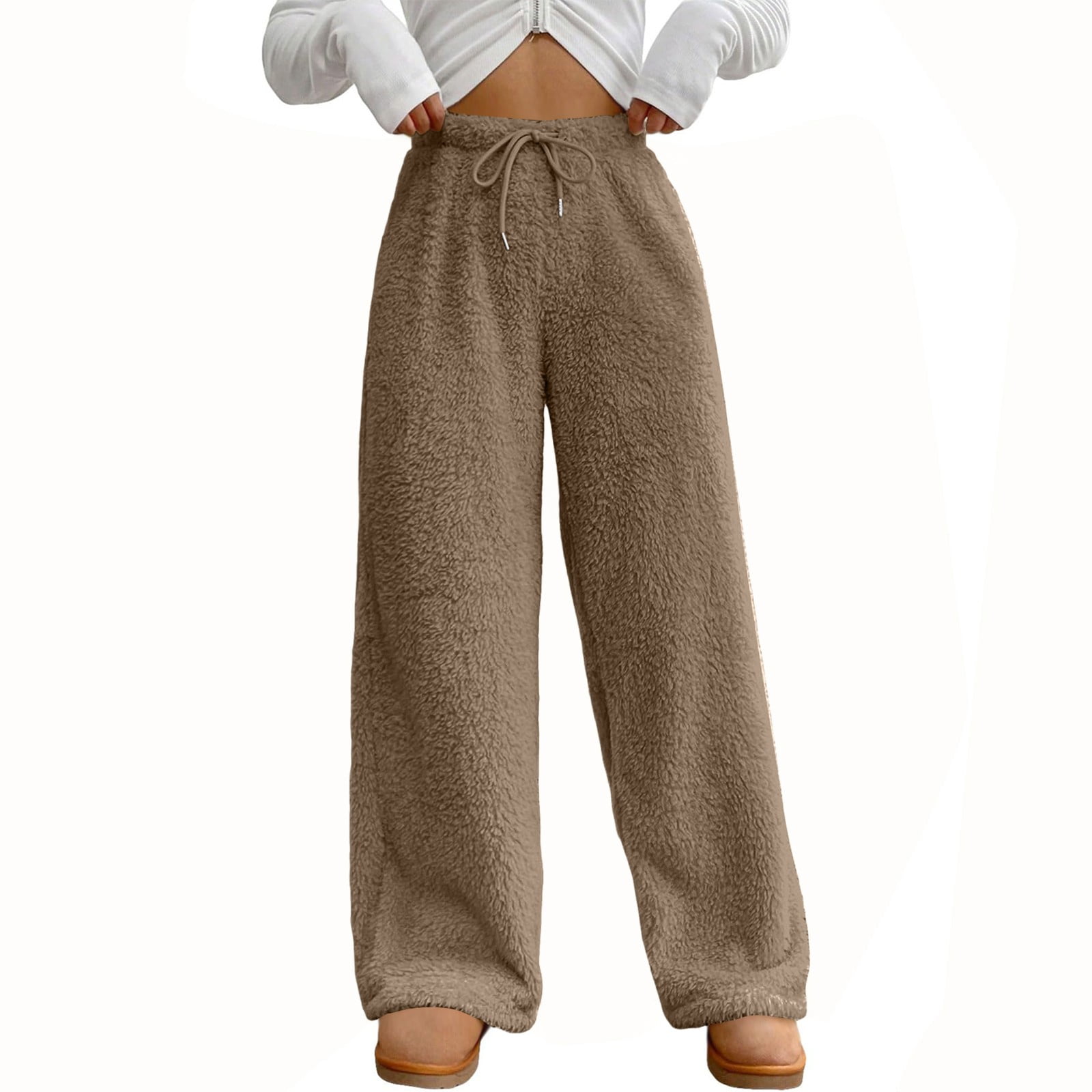 Biziza 2025 Sweatpants for Women Basic Brown Plus Size Loose Fuzzy ...
