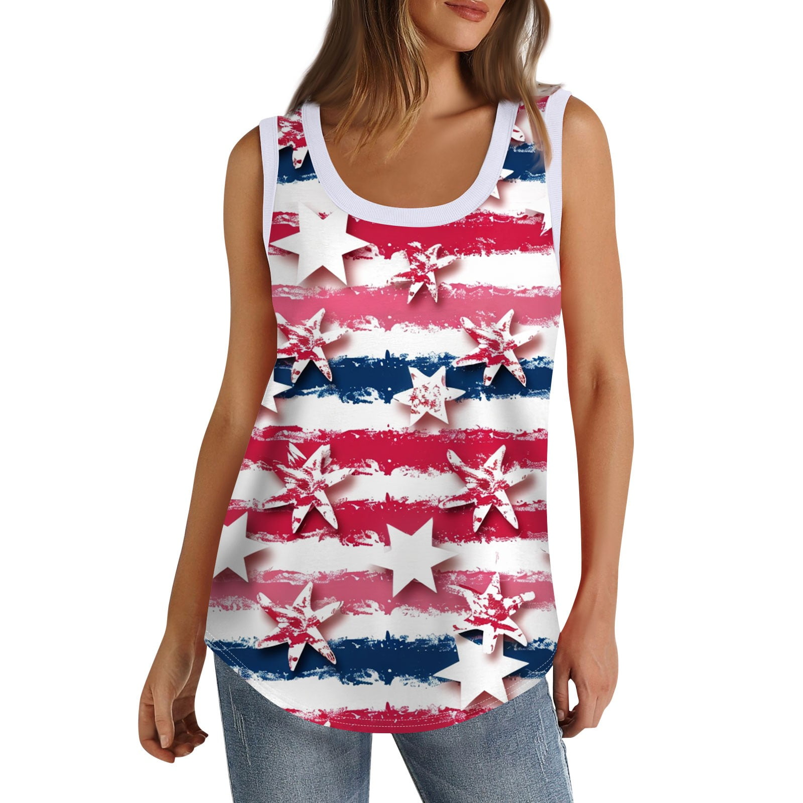Biziza American Flag Tank Top Woman Patriotic Crew Neck Sleeveless Top