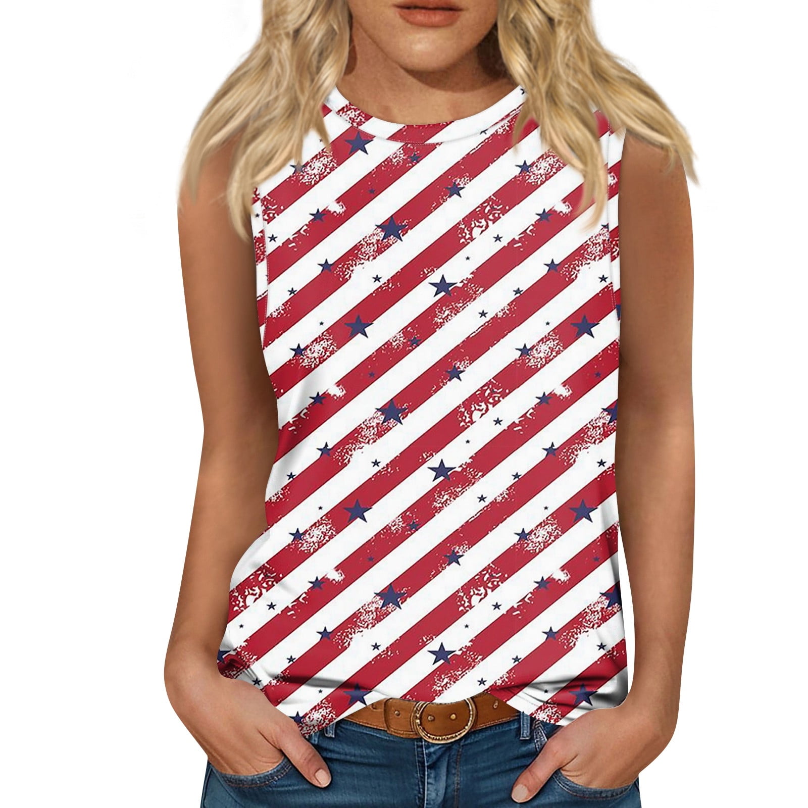 Biziza American Flag Tank Top Woman Patriotic Mock Neck Blouses 4th Of