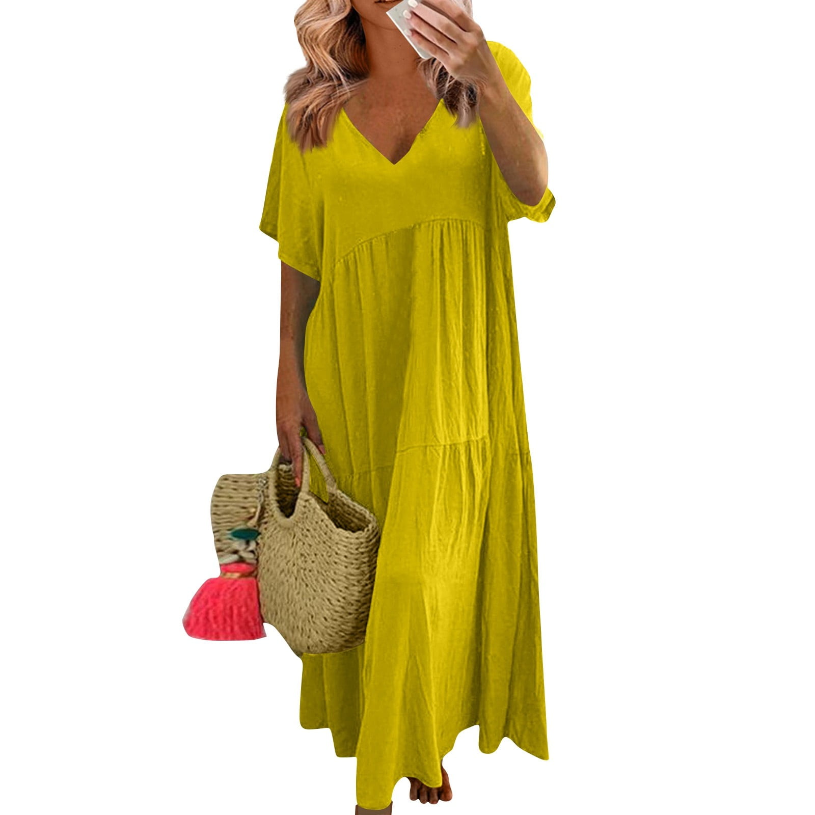 Biziza Basic Linen Dresses for Women Summer Trendy Yellow 2025 Plus Size Flowy Solid Color Long ...