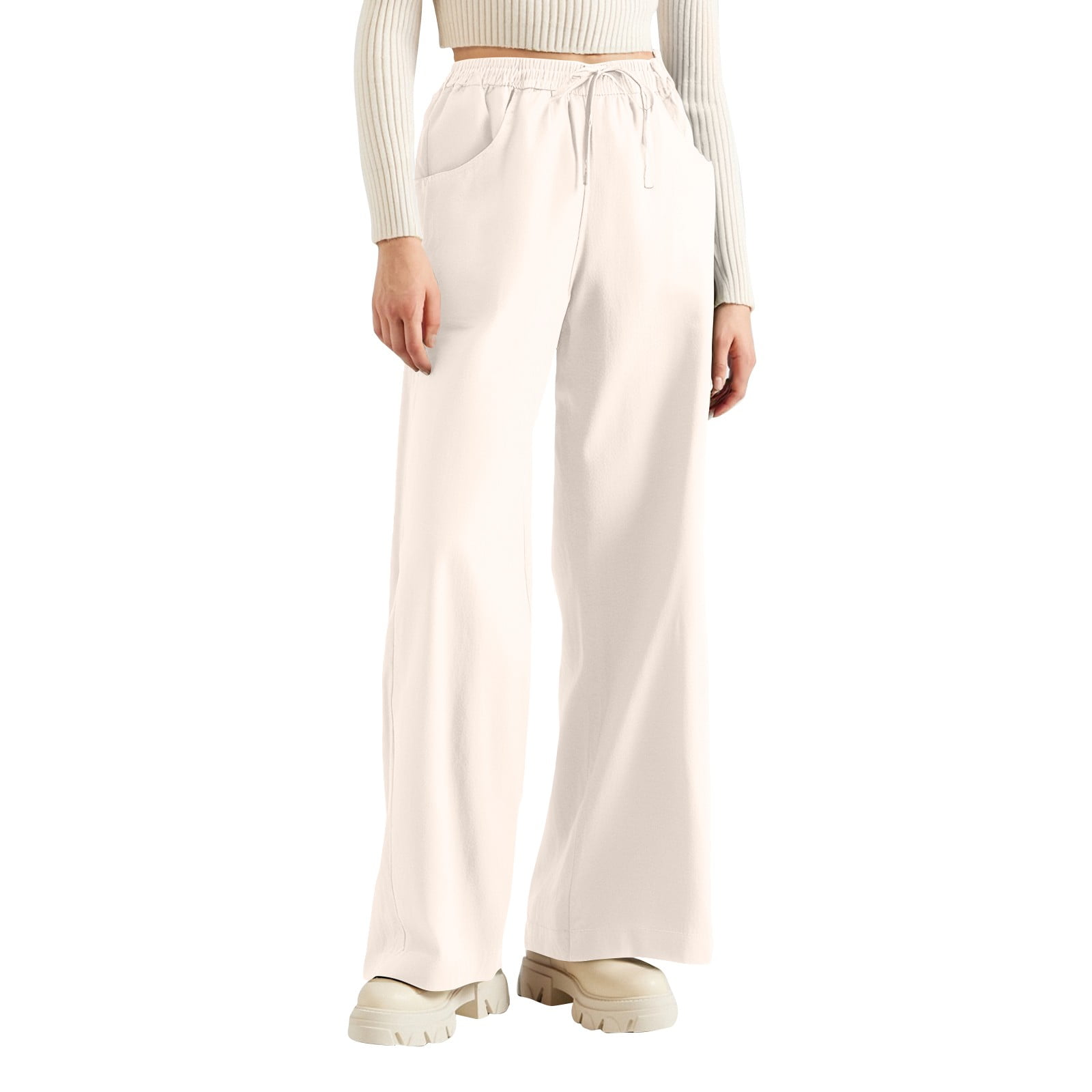 Biziza Beach Pants for Trendy Women Beige Loose 2025 Straight Leg Wide ...