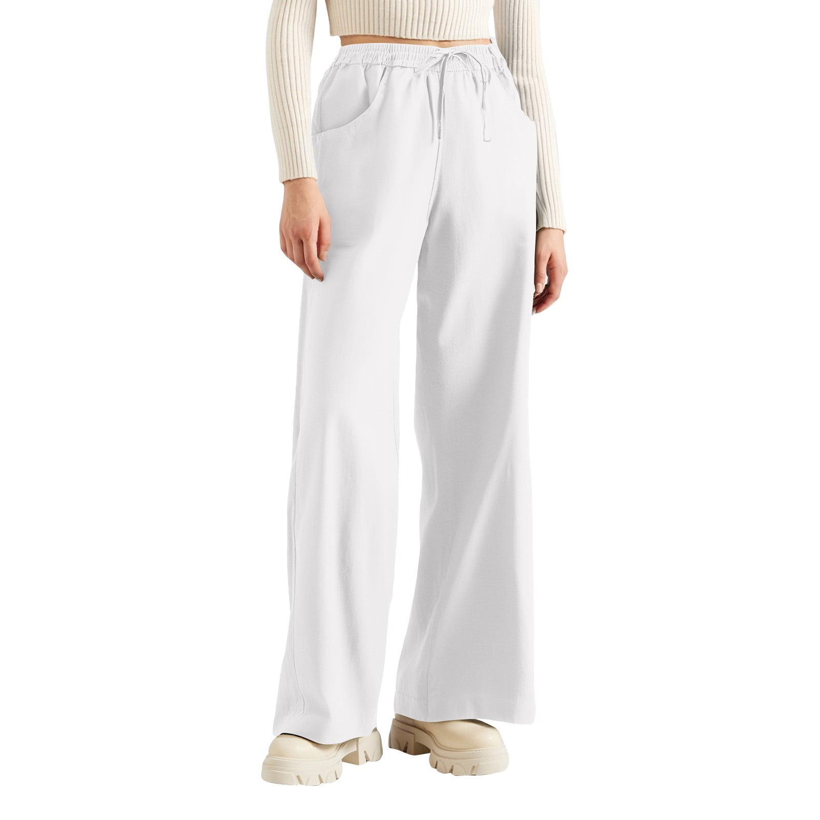 Biziza Beach Pants for Trendy Women White Loose 2025 Straight Leg Wide ...