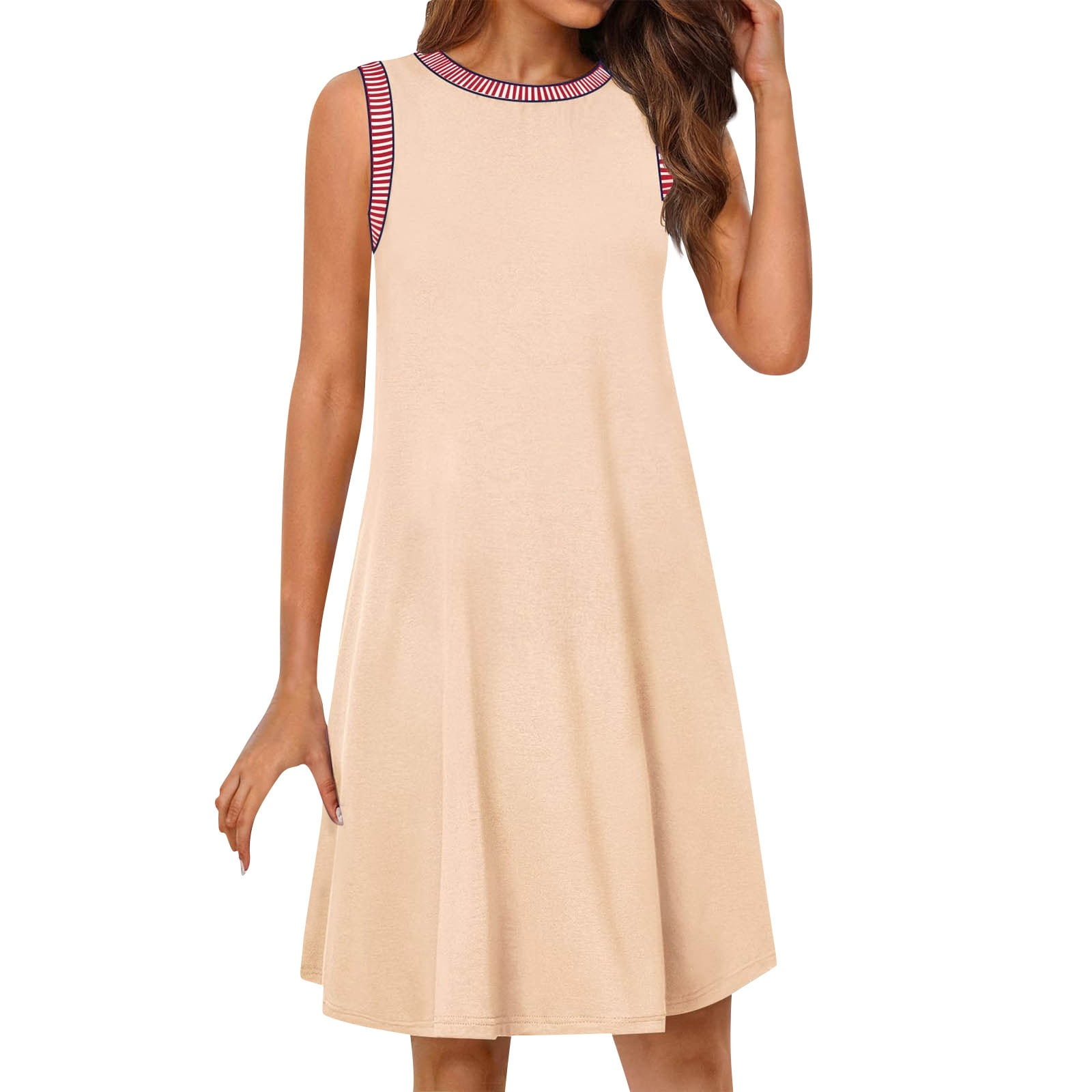 Biziza 2025 Beige Casual Dresses for Women Basic Sleeveless Solid Color Loose Trendy Midi Dress ...