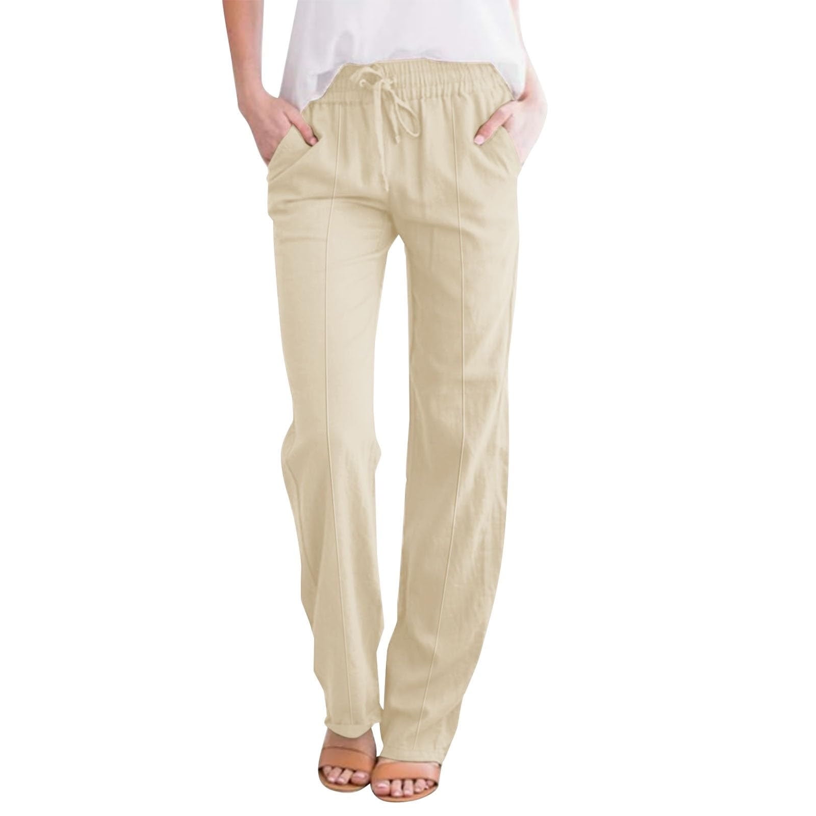 Biziza Beige Summer Linen Pants for Women Basic Casual Solid Color 2025 ...
