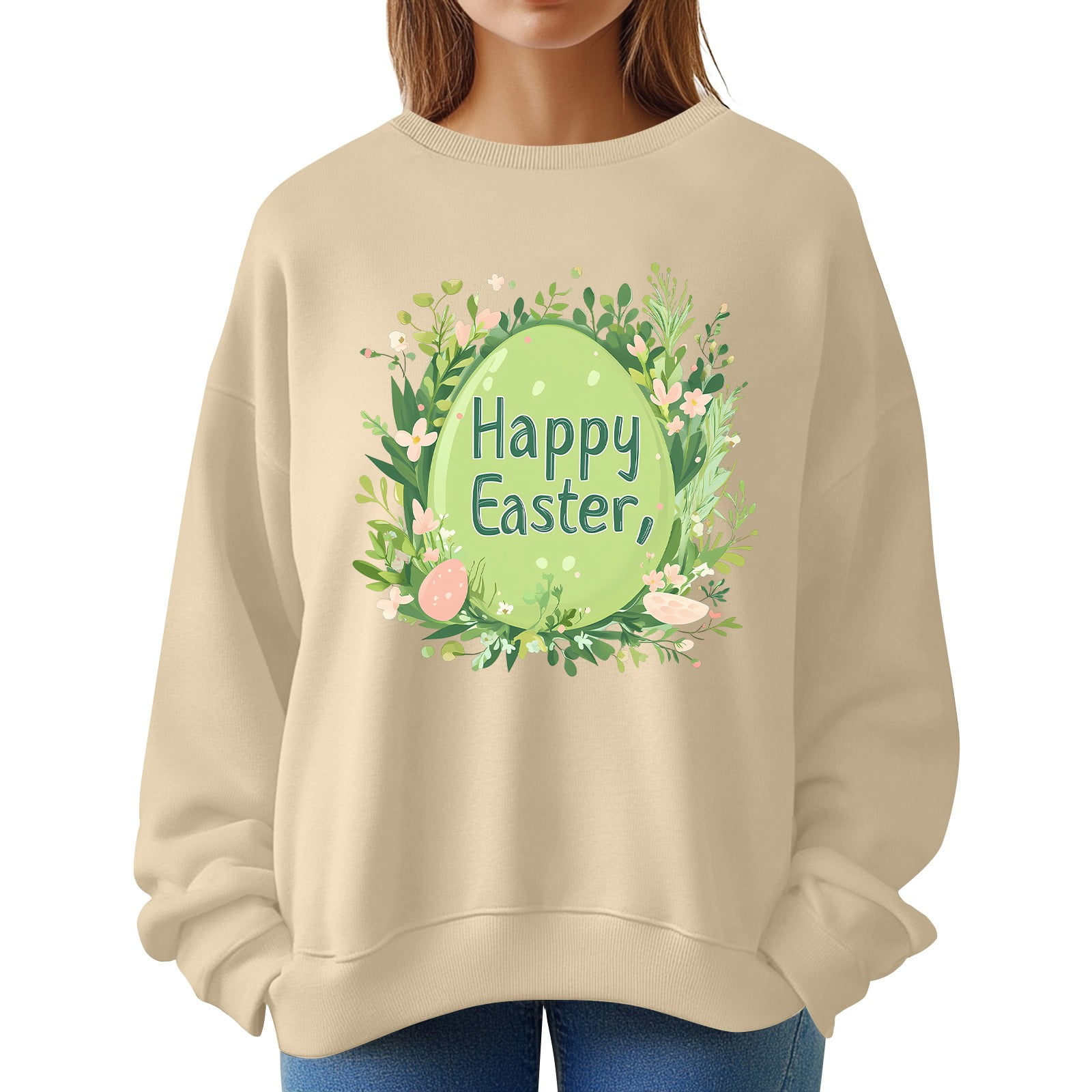 Biziza Easter Sweatshirts for Women Oversized Loose Bunny Fleece Beige ...