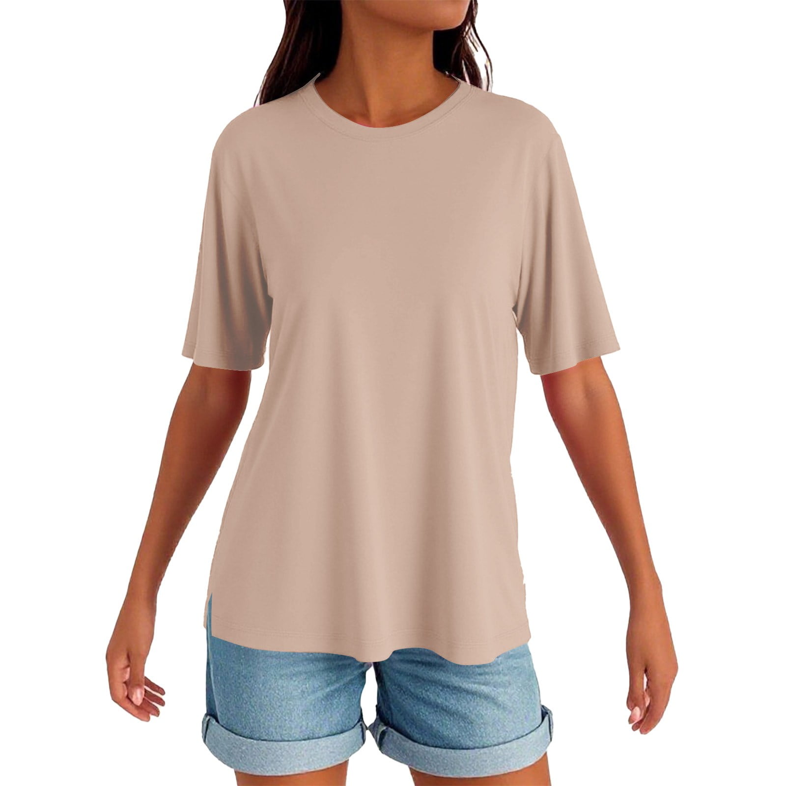Biziza Beige Trendy T Shirts for Women Short Sleeve Solid Color Basic 2025 Fashion Shirts ...