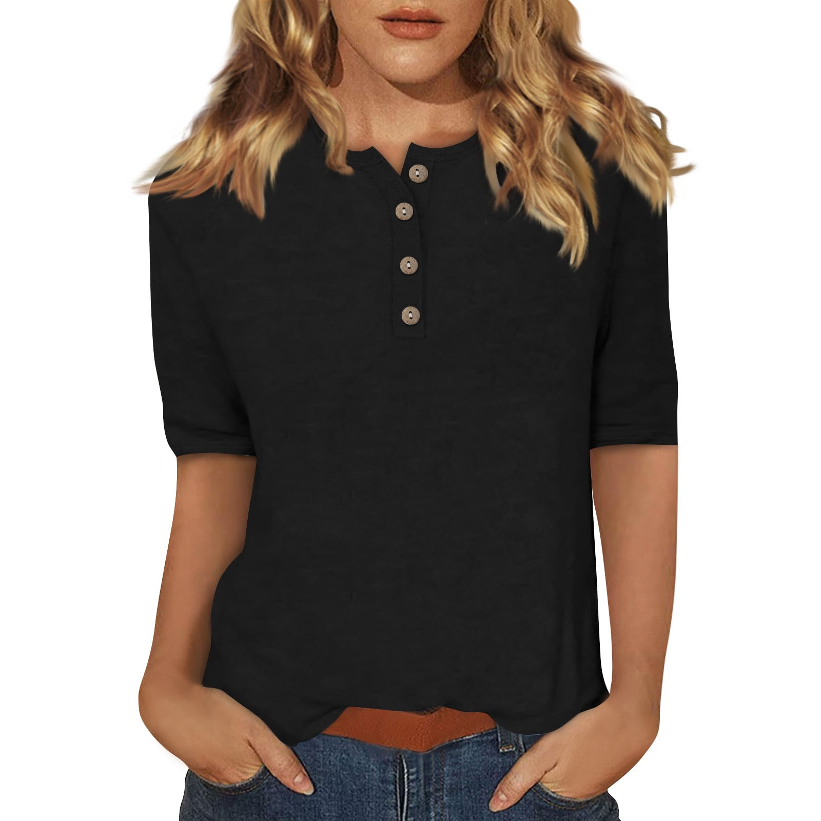 Biziza Basic 2025 3/4 Sleeve Shirts for Women Black Trendy Button Down Solid Color Tops Shirts ...