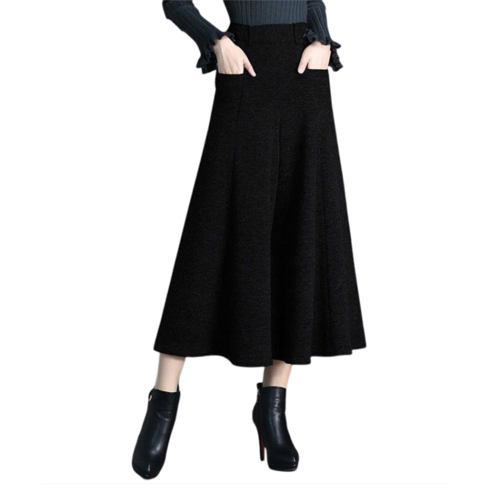 Biziza Black Wide Leg Capris Pants for Women Patchwork Fall Winter ...