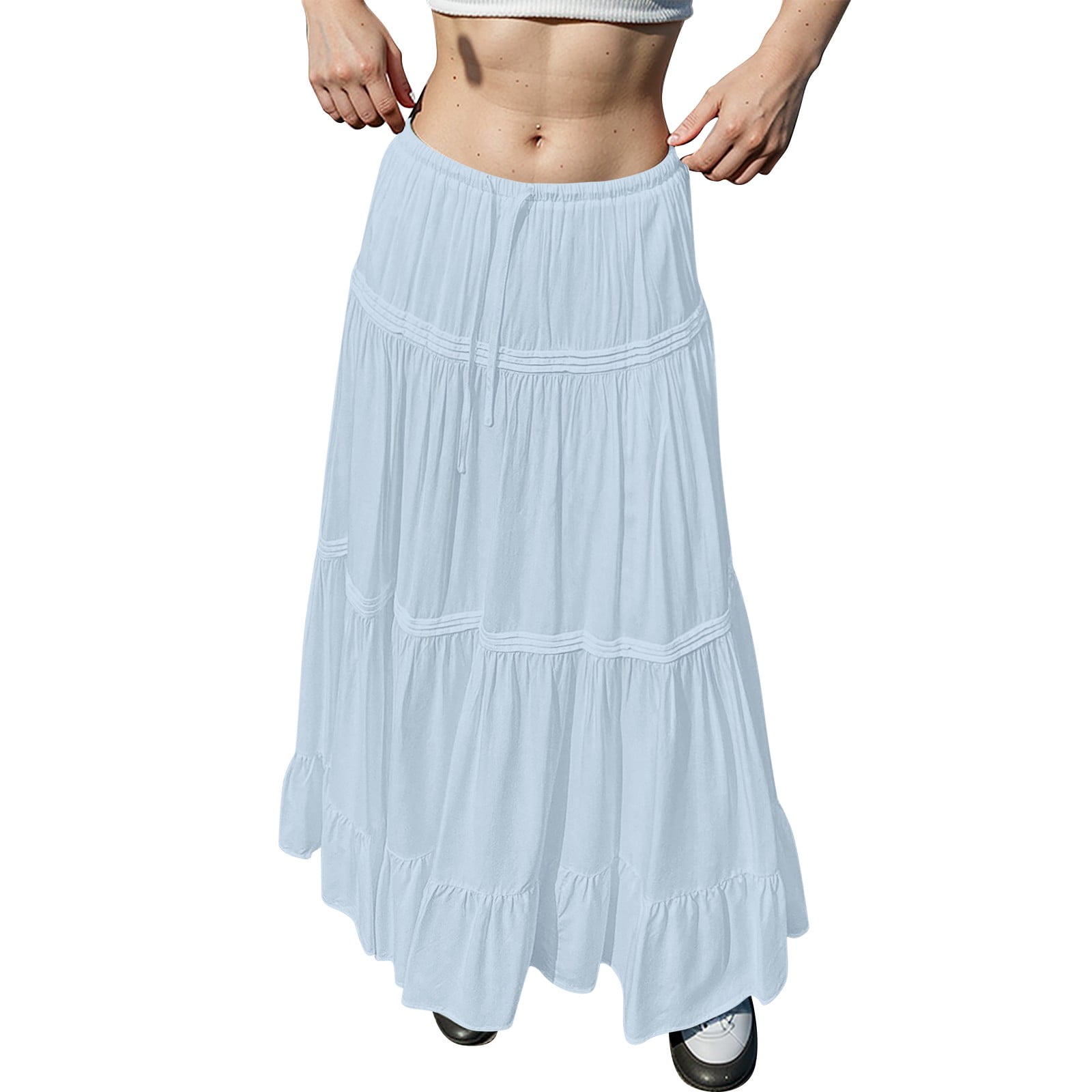 Biziza Blue Linen Skirt for Women 2025 Long Flowy Boho Flare Maxi Skirts Cotton Linen Ruffle ...