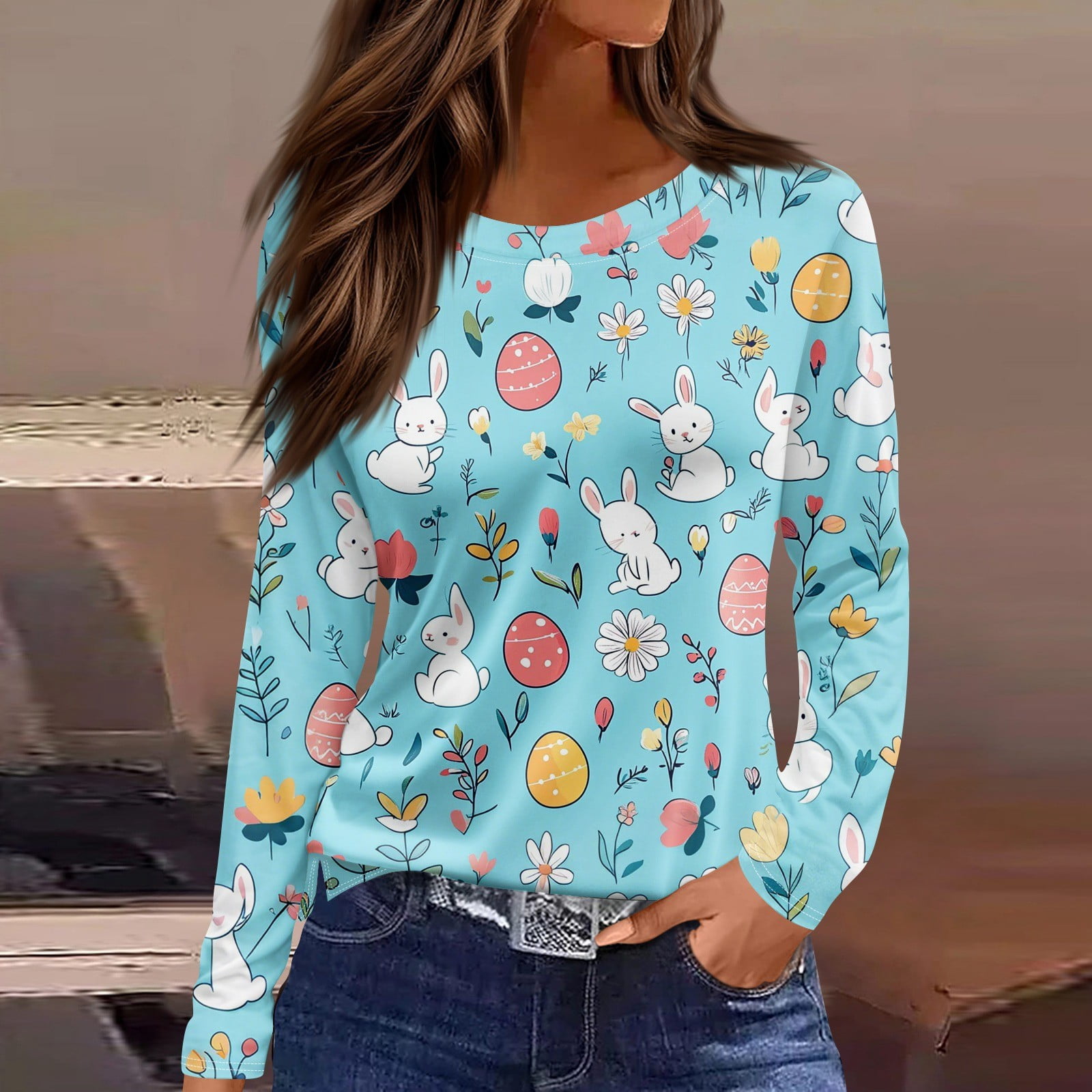 Biziza Easter Shirts for Women Blue Stretch Cotton Polyester Loose ...