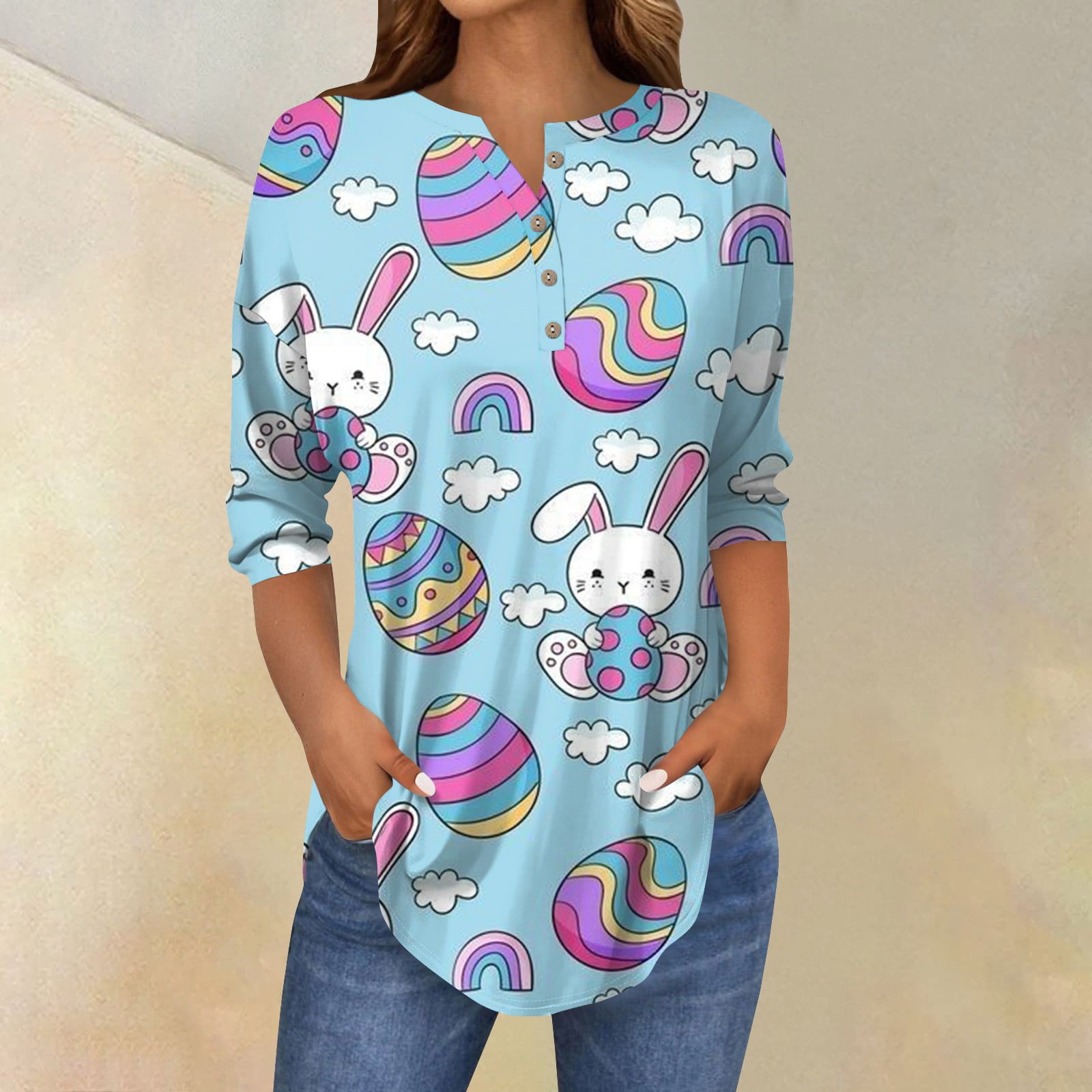Biziza 2025 Easter Shirts for Women Loose Bunny Button Down Blue ...