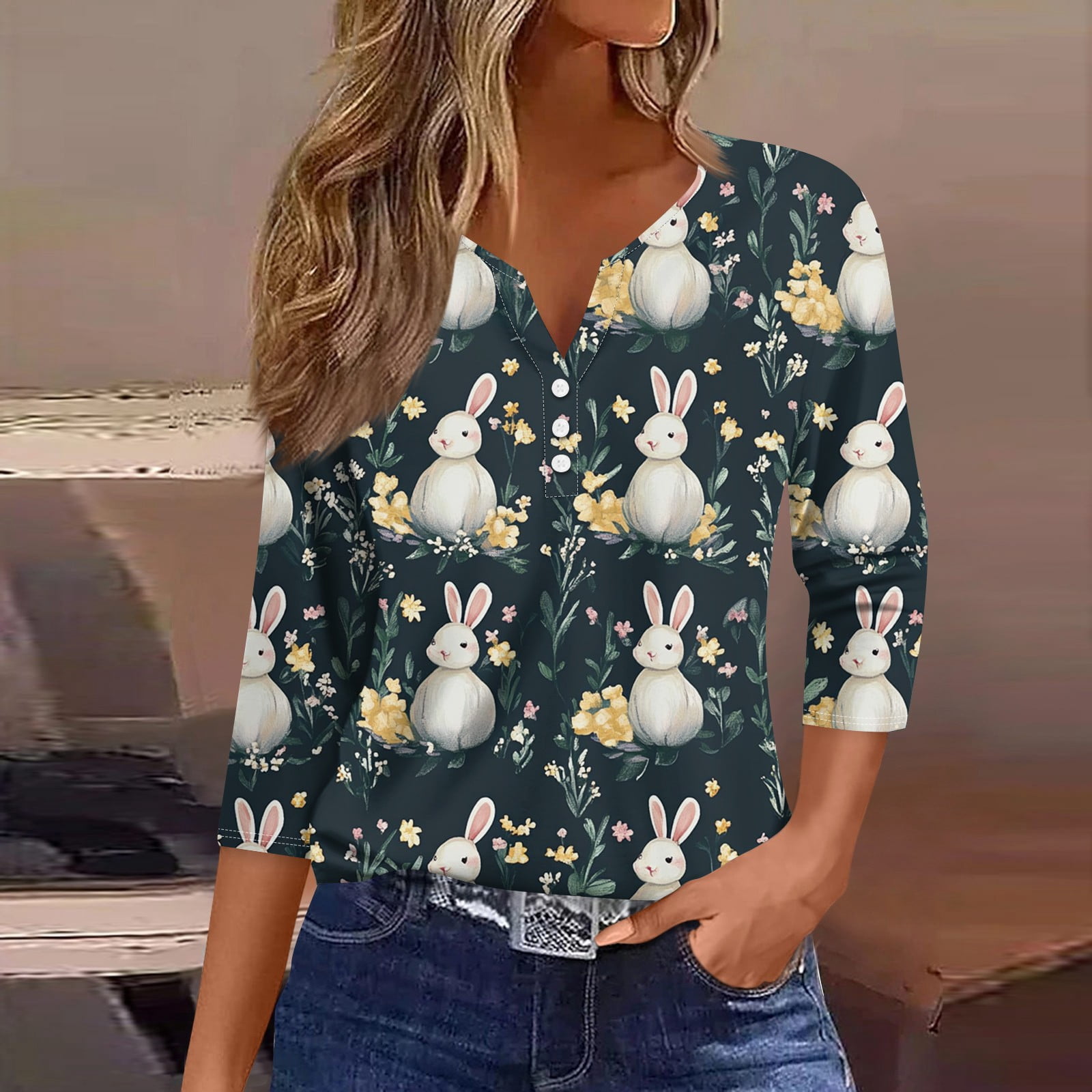 Biziza Easter Tops for Women Bunny Blue Basic Button Down Stretch ...