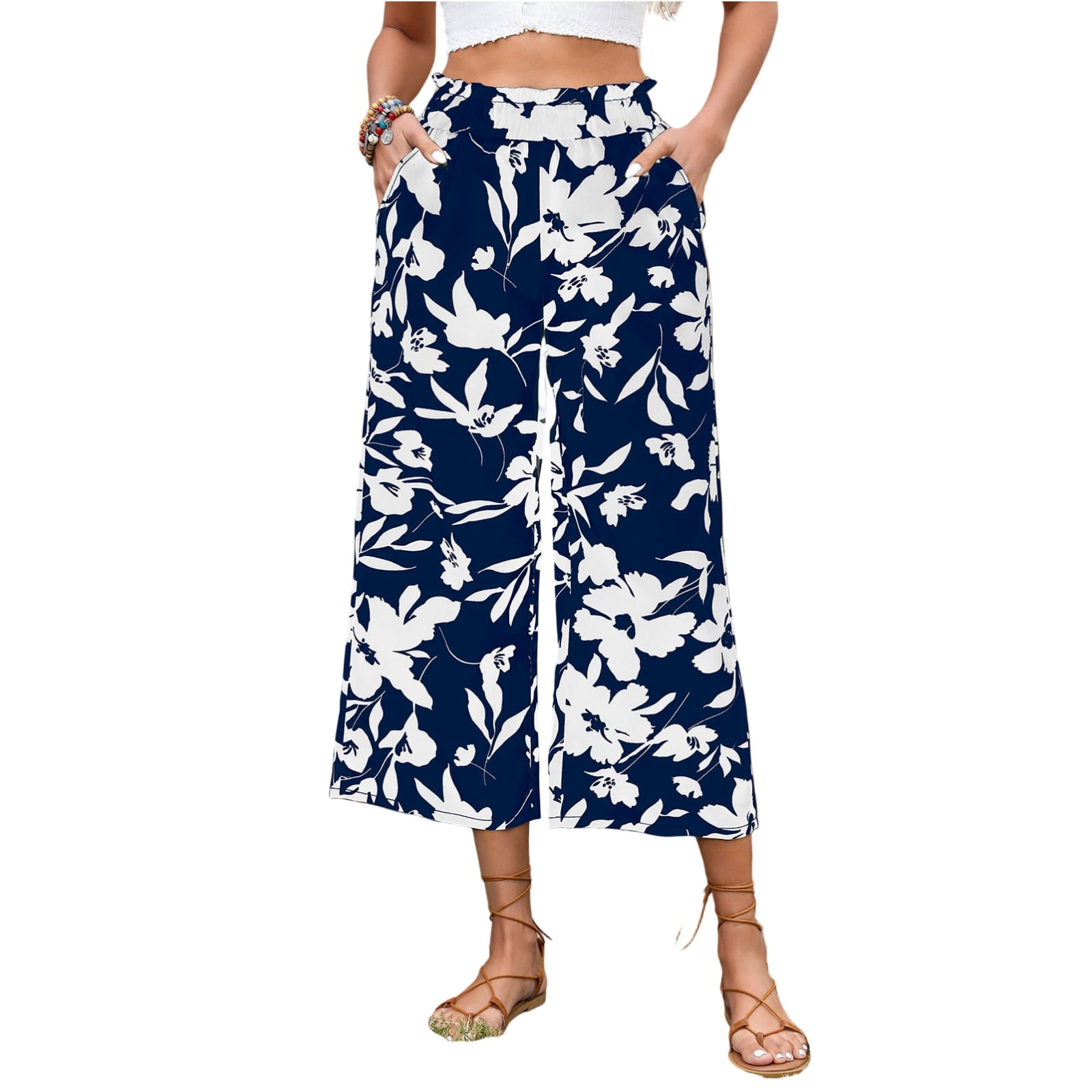 Biziza Blue Wide Leg Capris Pants for Women Wide Leg 2025 Floral Print ...
