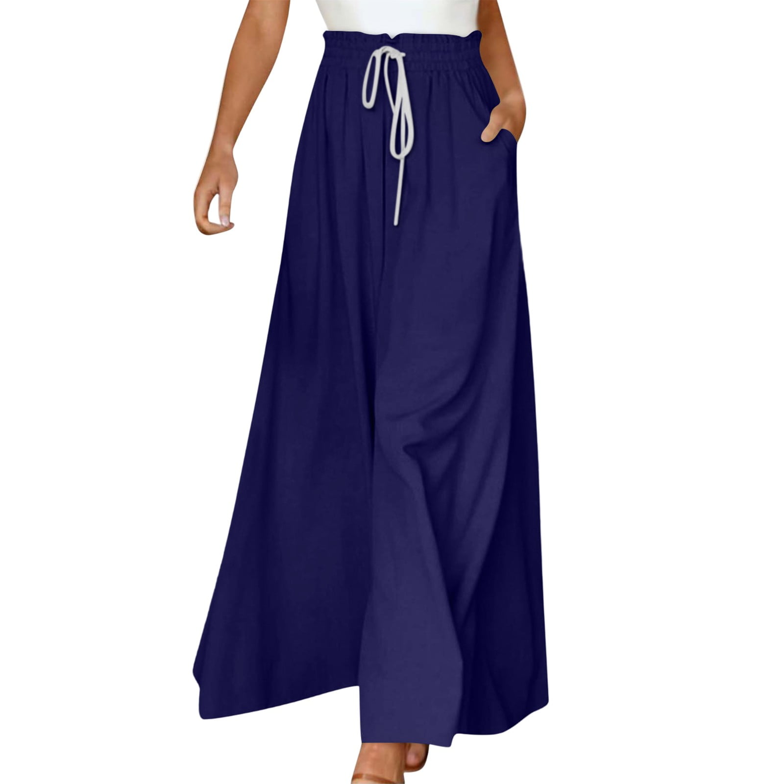 Biziza Blue Wide Leg Pants for Women High Waisted Flowy Wide Leg Beach Summer Solid Color Basic ...