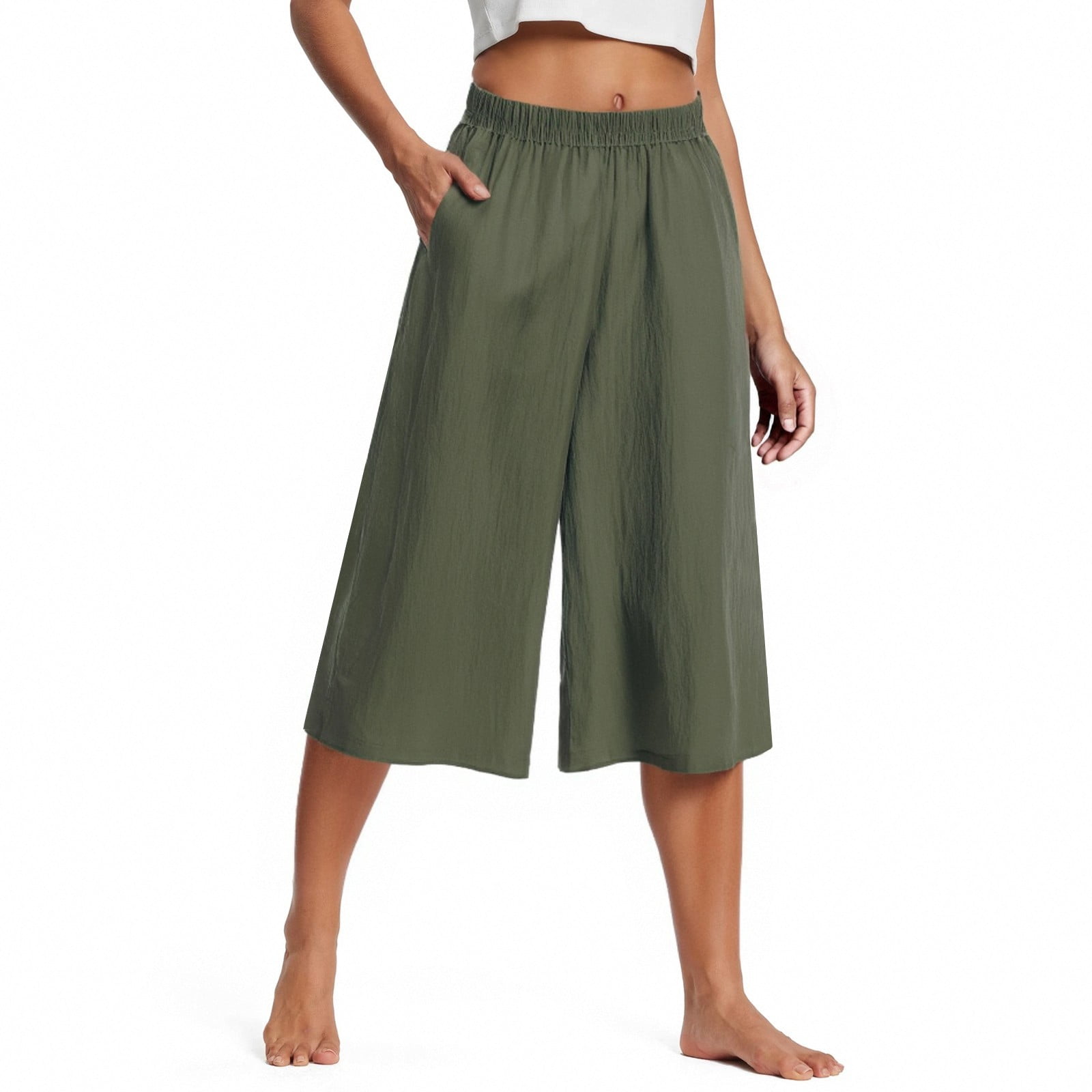 Biziza Cotton Linen Linen Capri Pants for Women Cropped Loose High Waisted Trendy Wide Leg ...