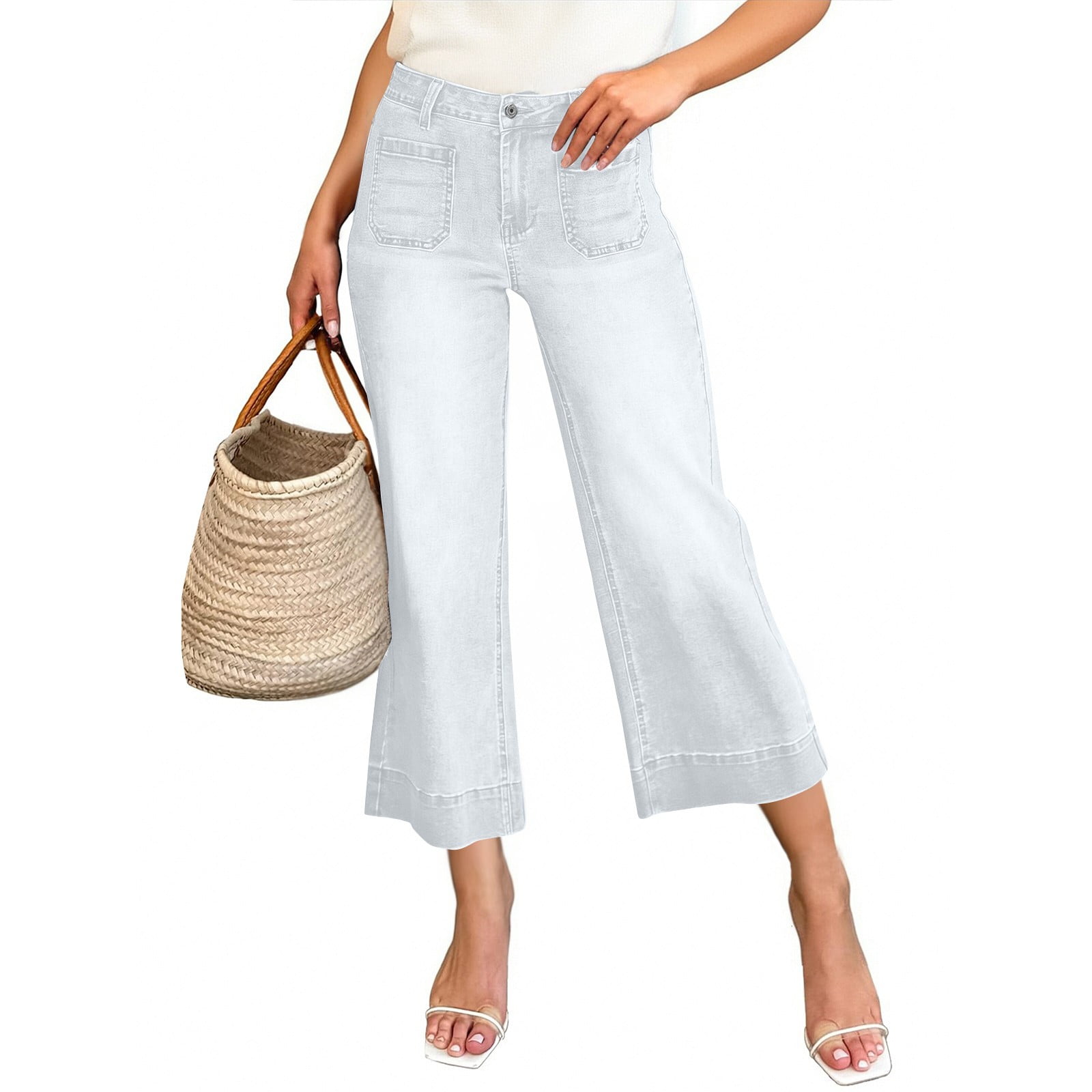 Biziza Denim Jeans for Women Capri Pants Casual Straight Leg Wide Leg ...
