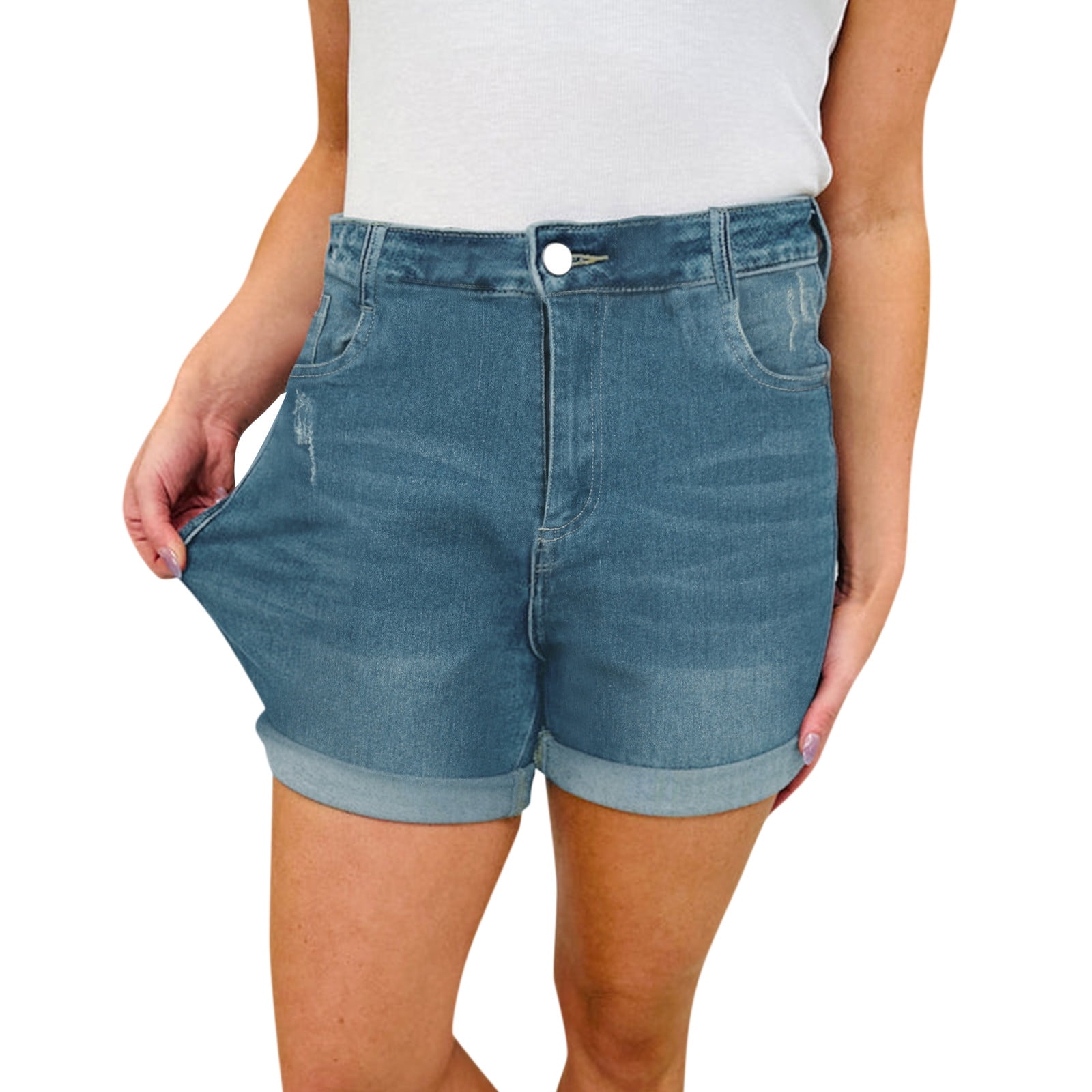 Biziza Denim Shorts for Women Mid Rise Ripped Elastic Waist Stretch ...