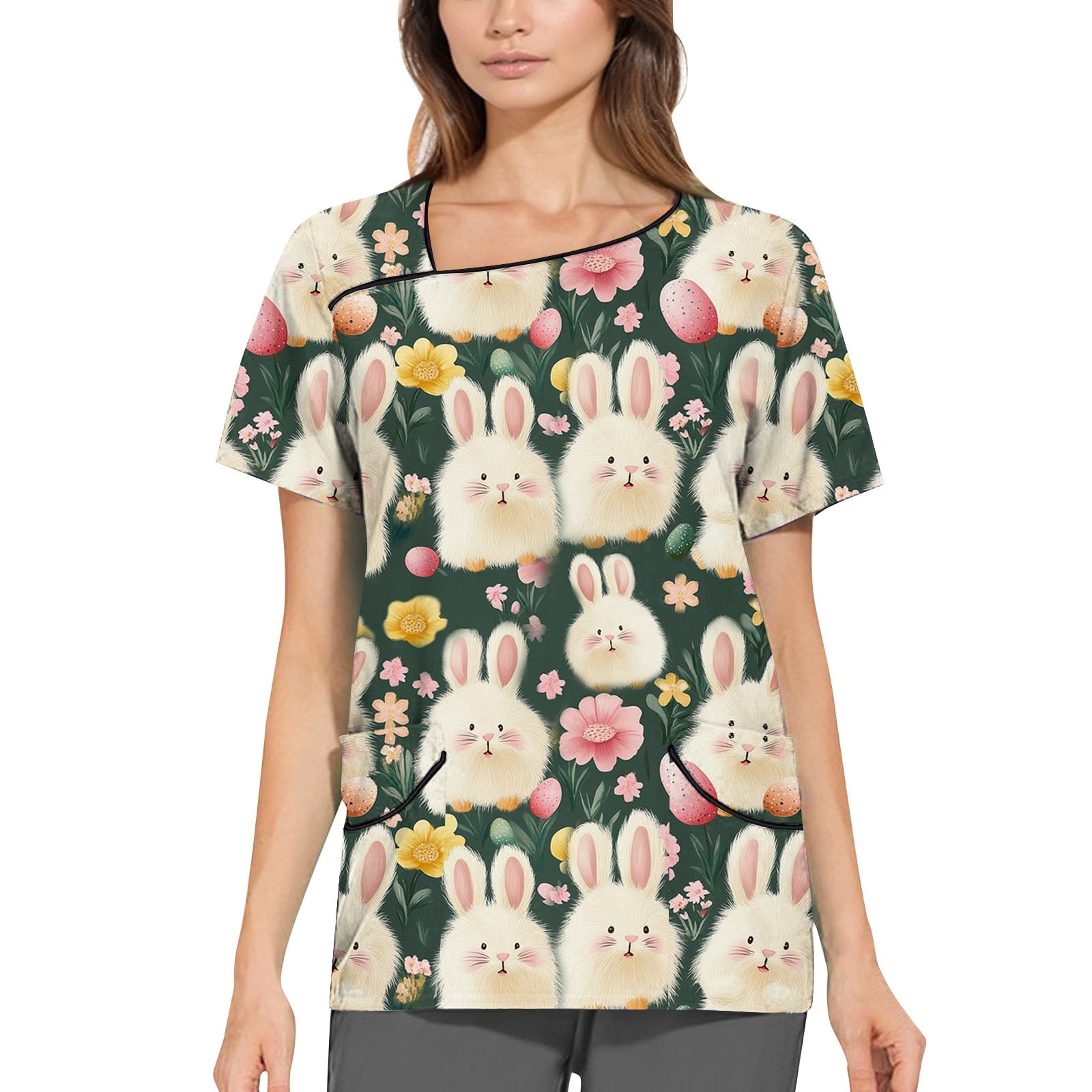 Biziza Easter 2025 Scrub Tops for Women Basic Beige Bunny Nurse Uniform ...